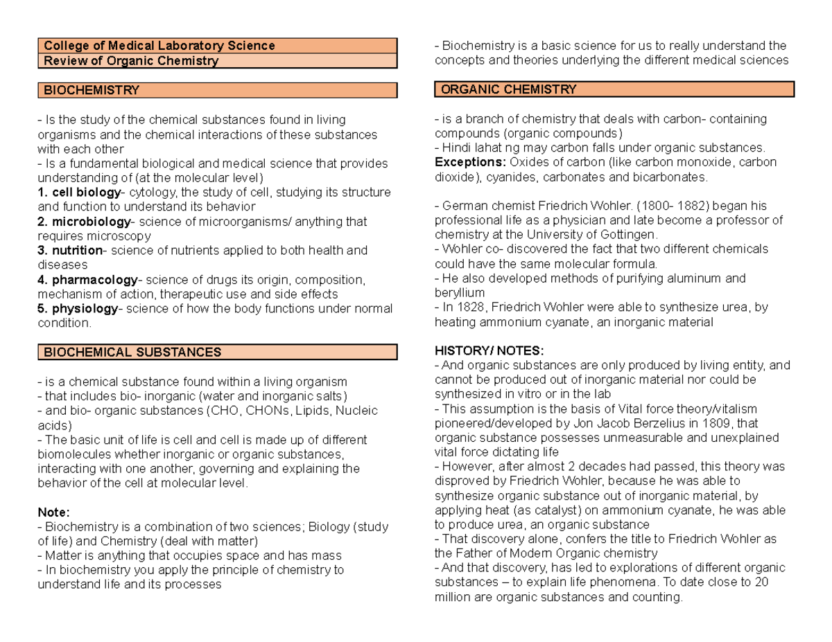 WEEK 3- Review OF Organic Chemistry Notes - College of Medical ...