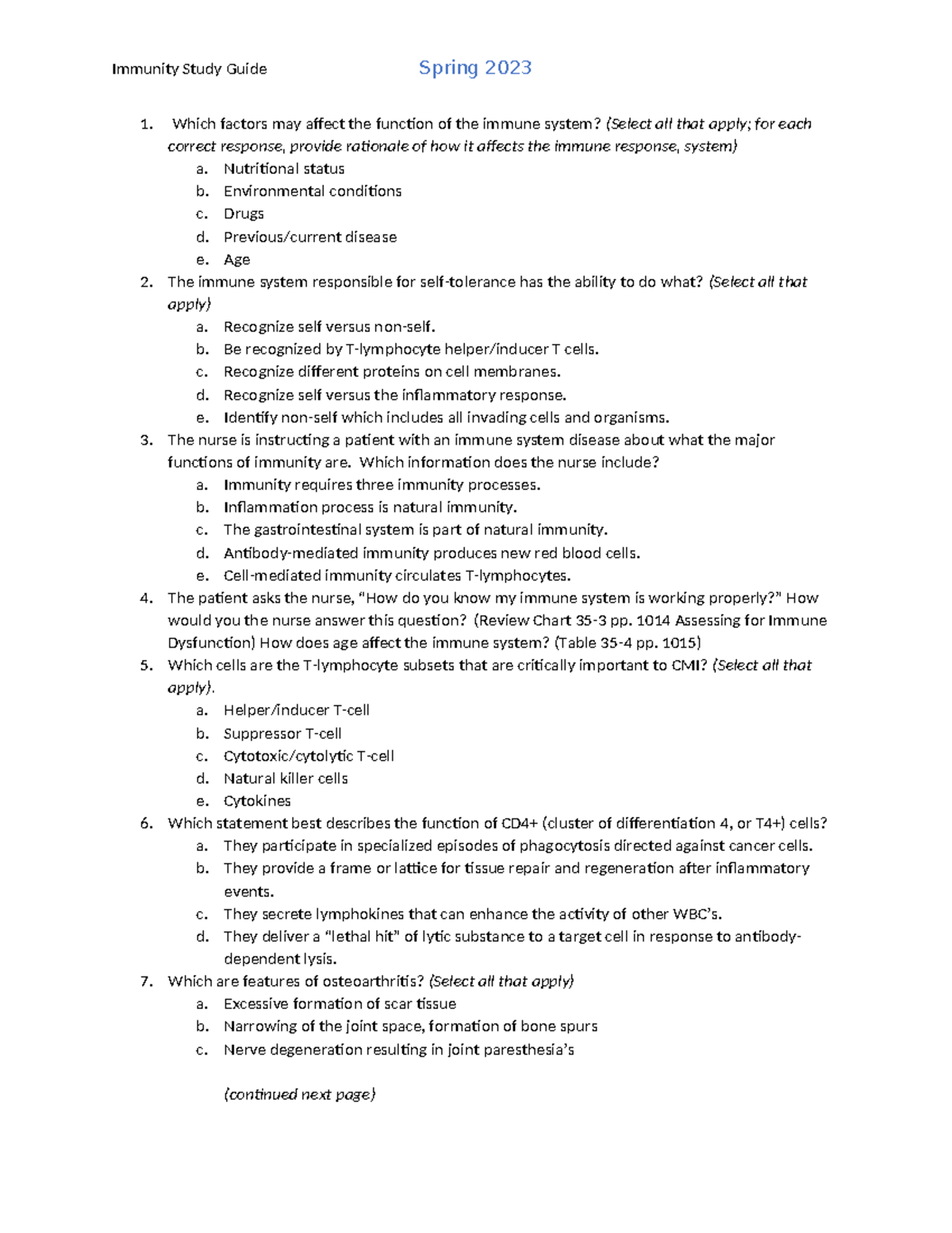 Immunity Study guide Student (2) - Immunity Study Guide Spring 2023 1 ...