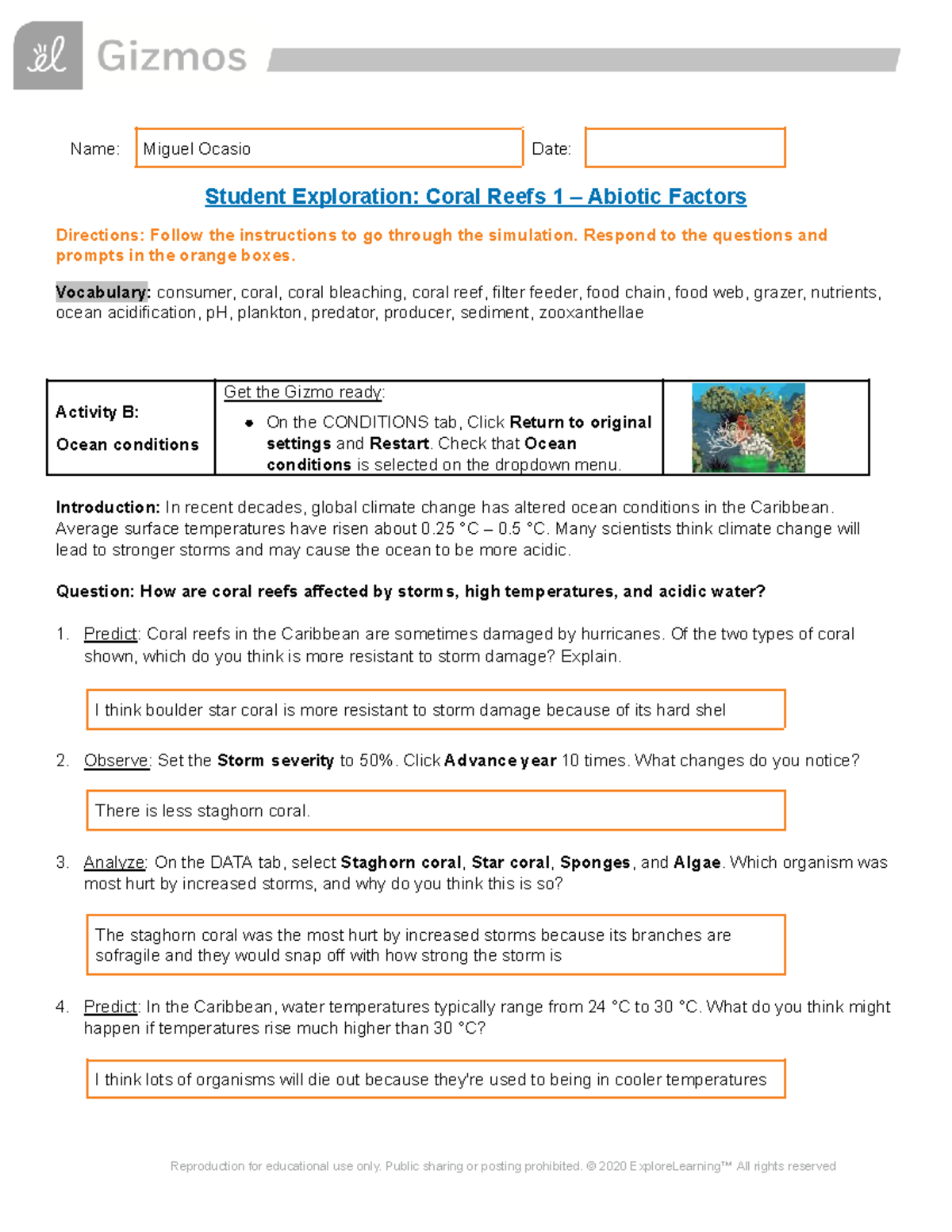 Coral Reef 1 Gizmo B - Name: Miguel Ocasio Date: Student Exploration ...