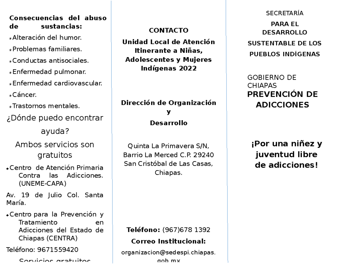 Triptico cara 1 - Consecuencias del abuso de sustancias: Alteración del humor. Problemas - Studocu