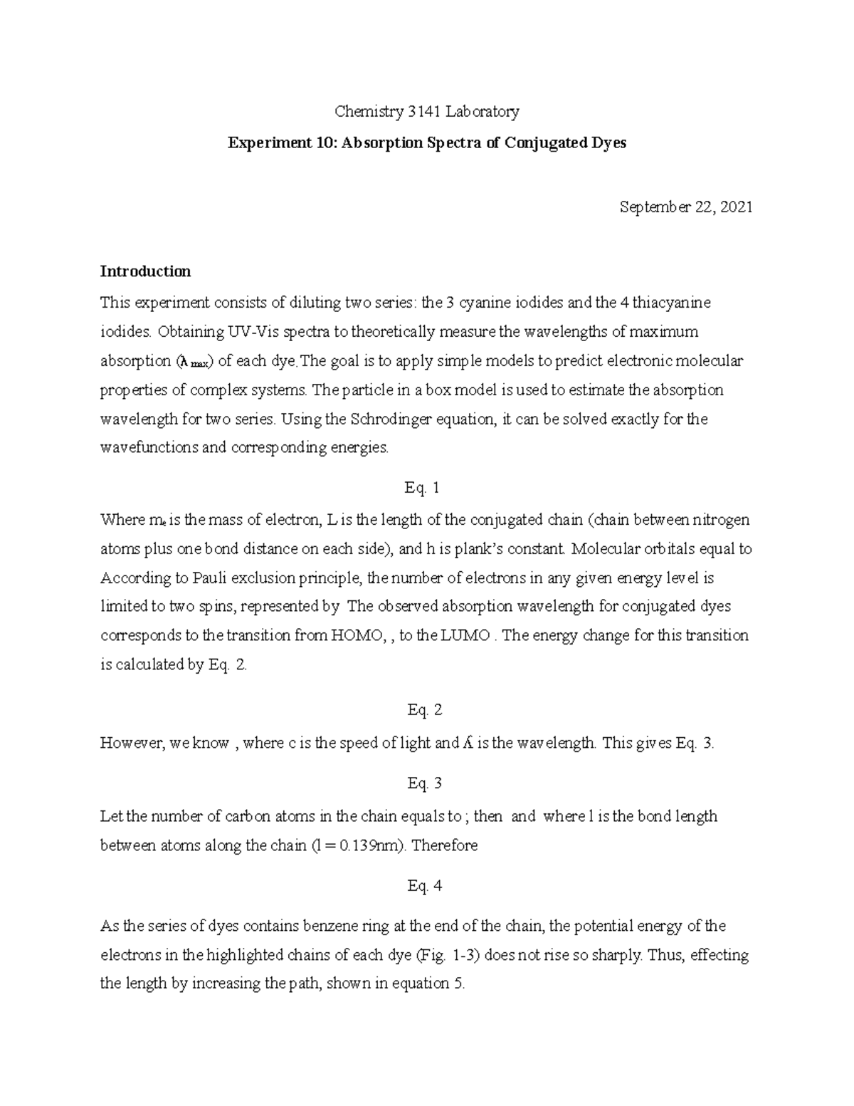 Exp10 - Absorption Spectra of Conjugated Dyes - Chemistry 3141 ...