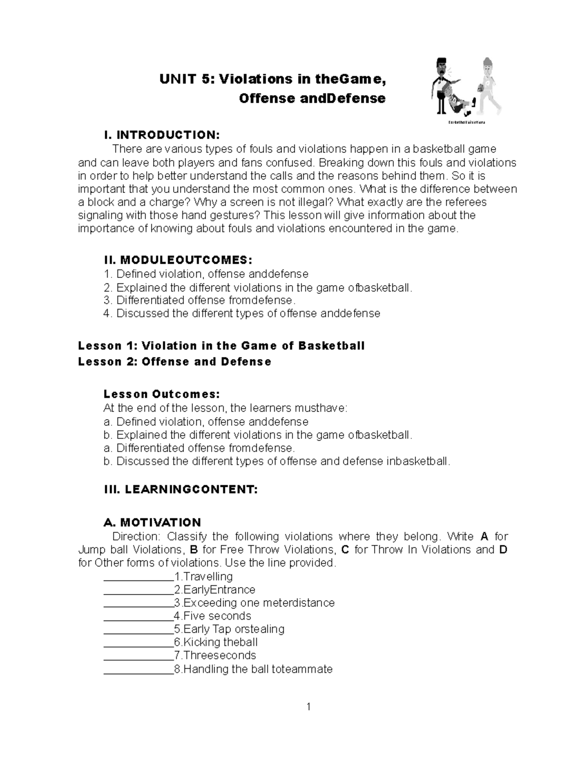 Module 25 - Gutual Bsece 3-B - 1 UNIT 5: Violations in theGame, Offense ...