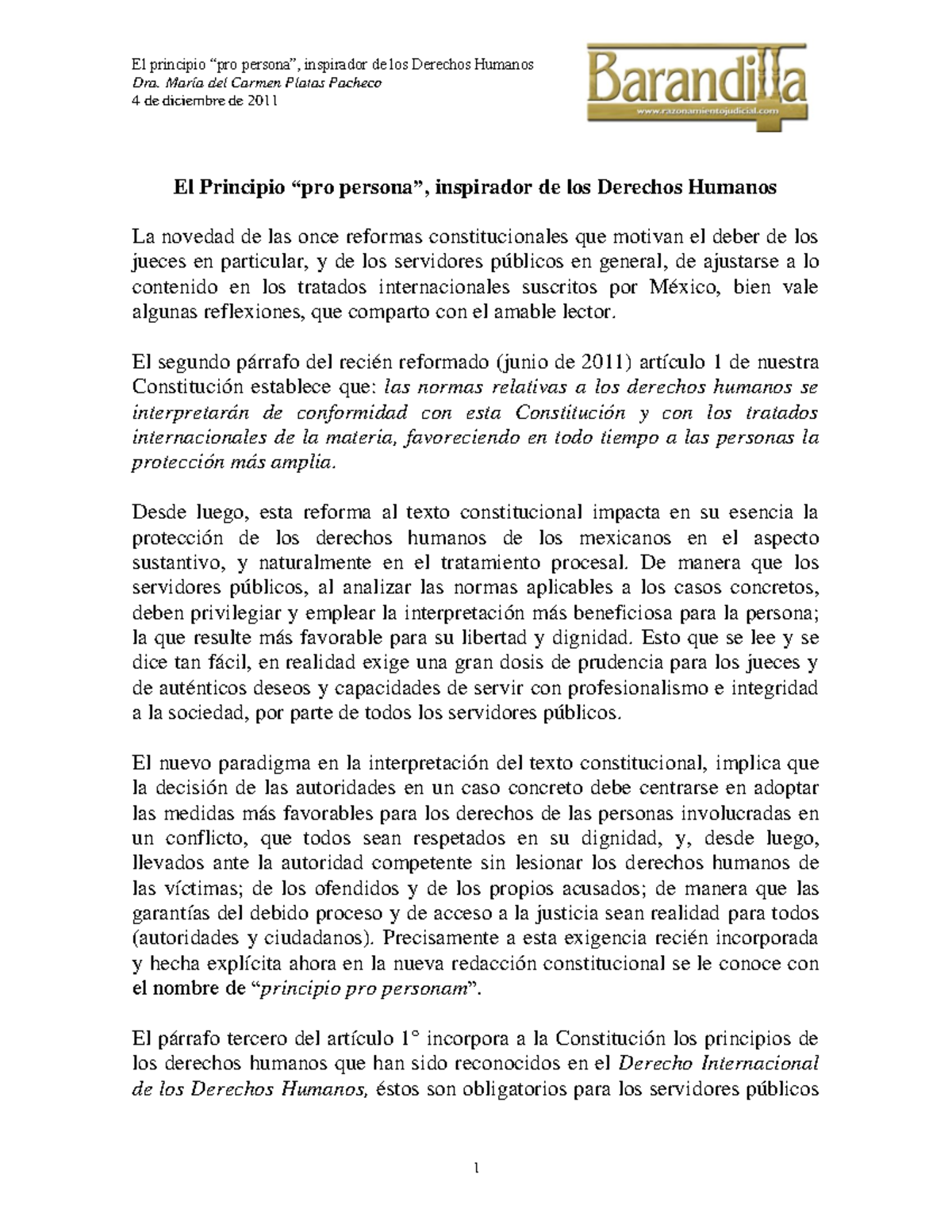 El principio pro persona inspirador de los derechos humanos - El ...