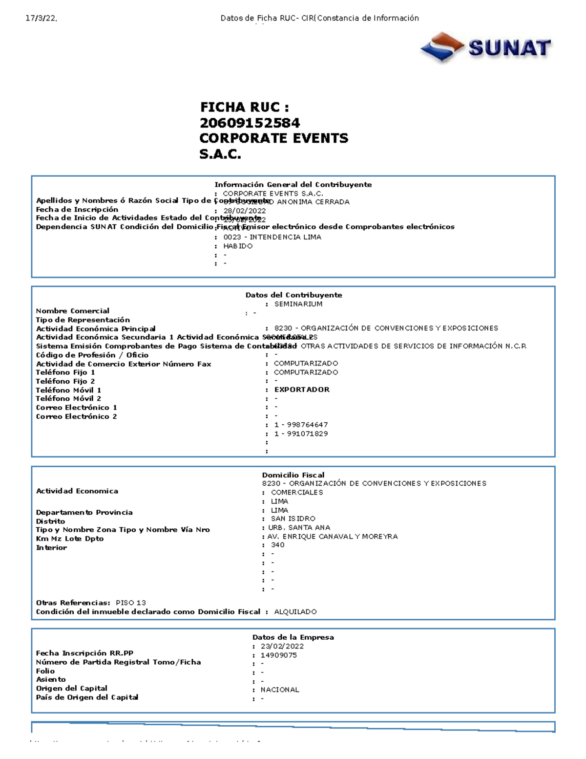Ficha ruc modelo matriz - 17/3/22, 16: Datos de Ficha RUC- CIR ...