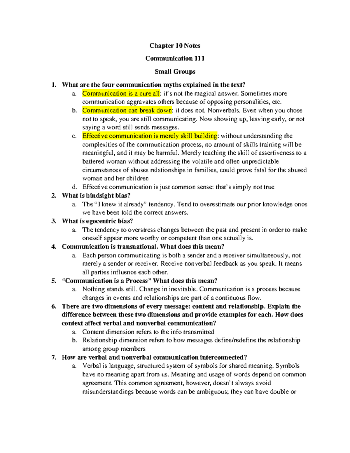 Chapter 9 Notes - Chapter 10 Notes Communication 111 Small Groups What ...