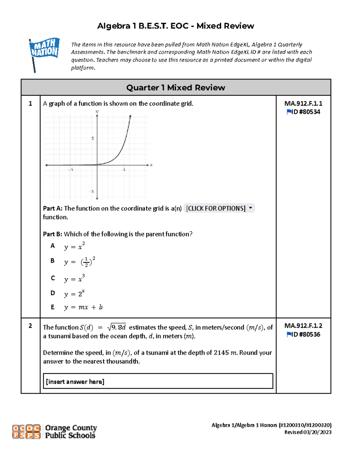 Algebra 1 b.e.s - Answrs - The items in this resource have been pulled ...