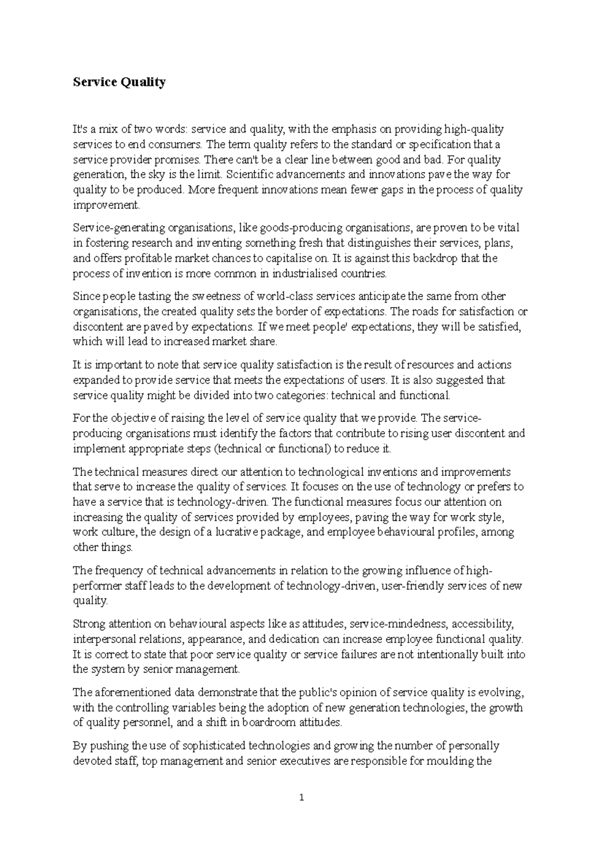 Service Quality report 1 - Service Quality It's a mix of two words ...