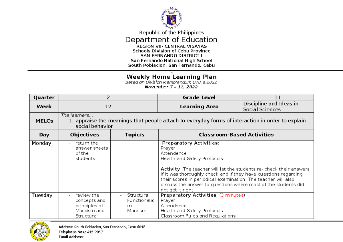 Sfnhs Weekly-Home-Learning-Plan Week 12 DISS - Republic of the ...