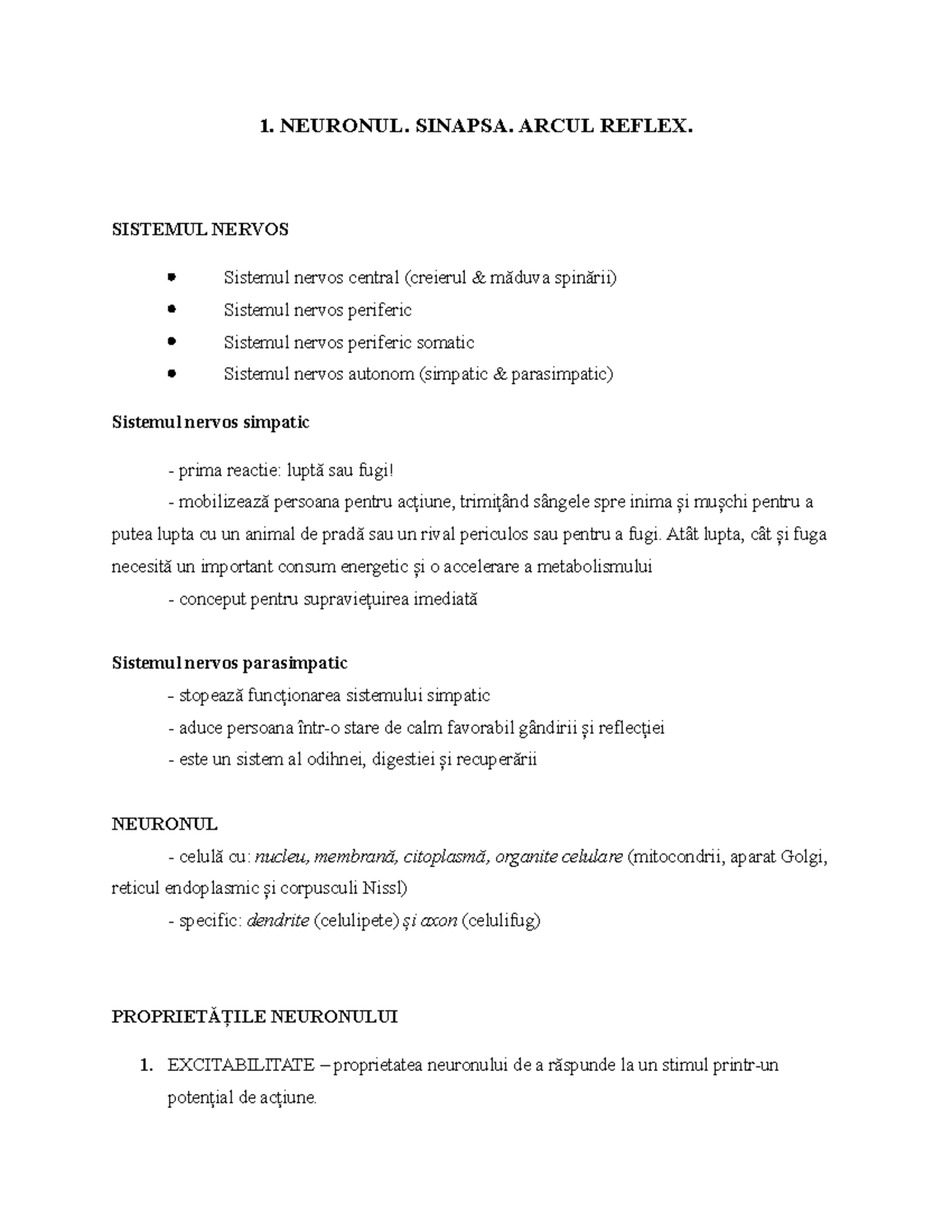 Neuropsihologie - 1. NEURONUL. SINAPSA. ARCUL REFLEX. SISTEMUL NERVOS ...