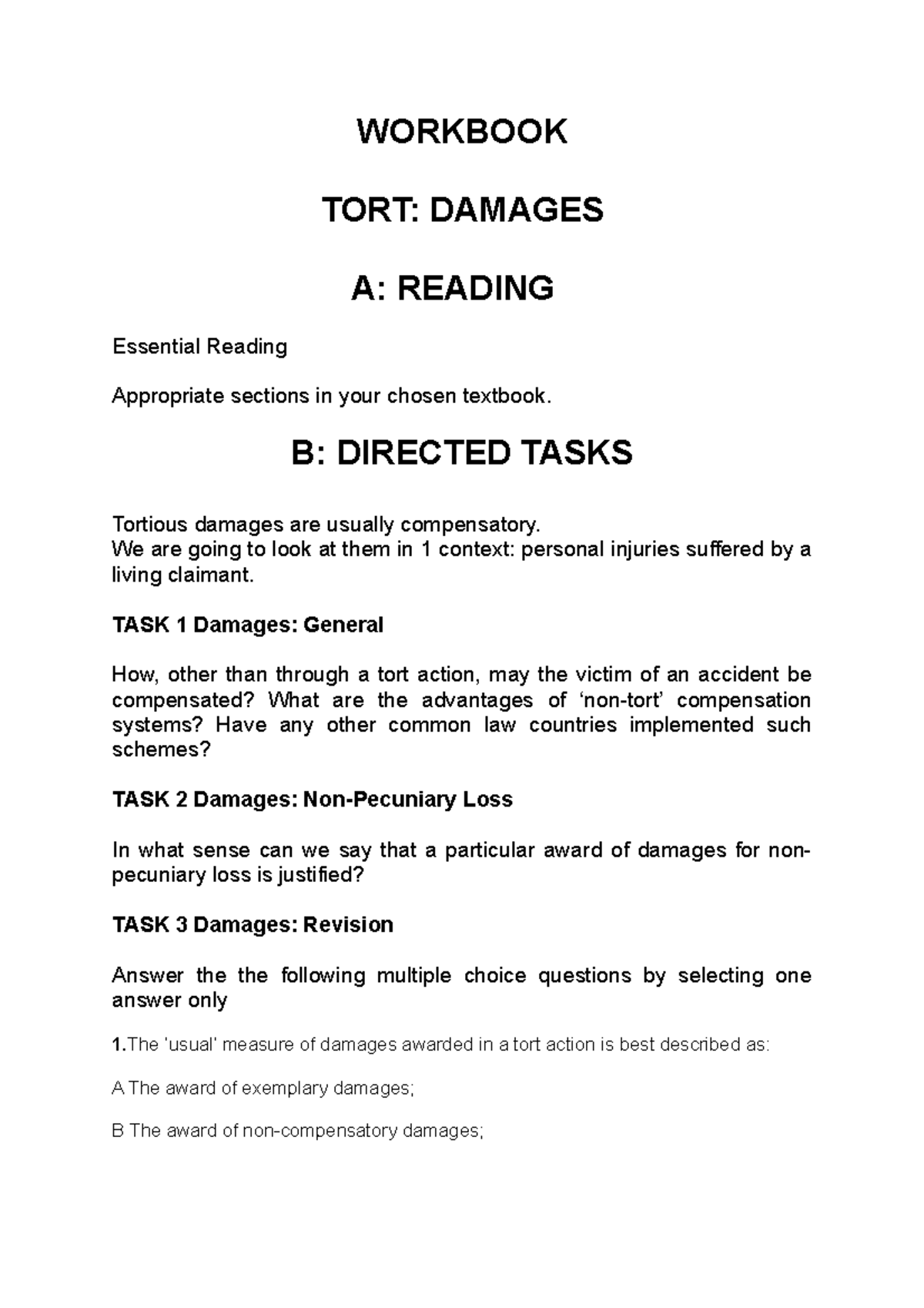 Workbook Tort Dams 2022 - WORKBOOK TORT: DAMAGES A: READING Essential ...