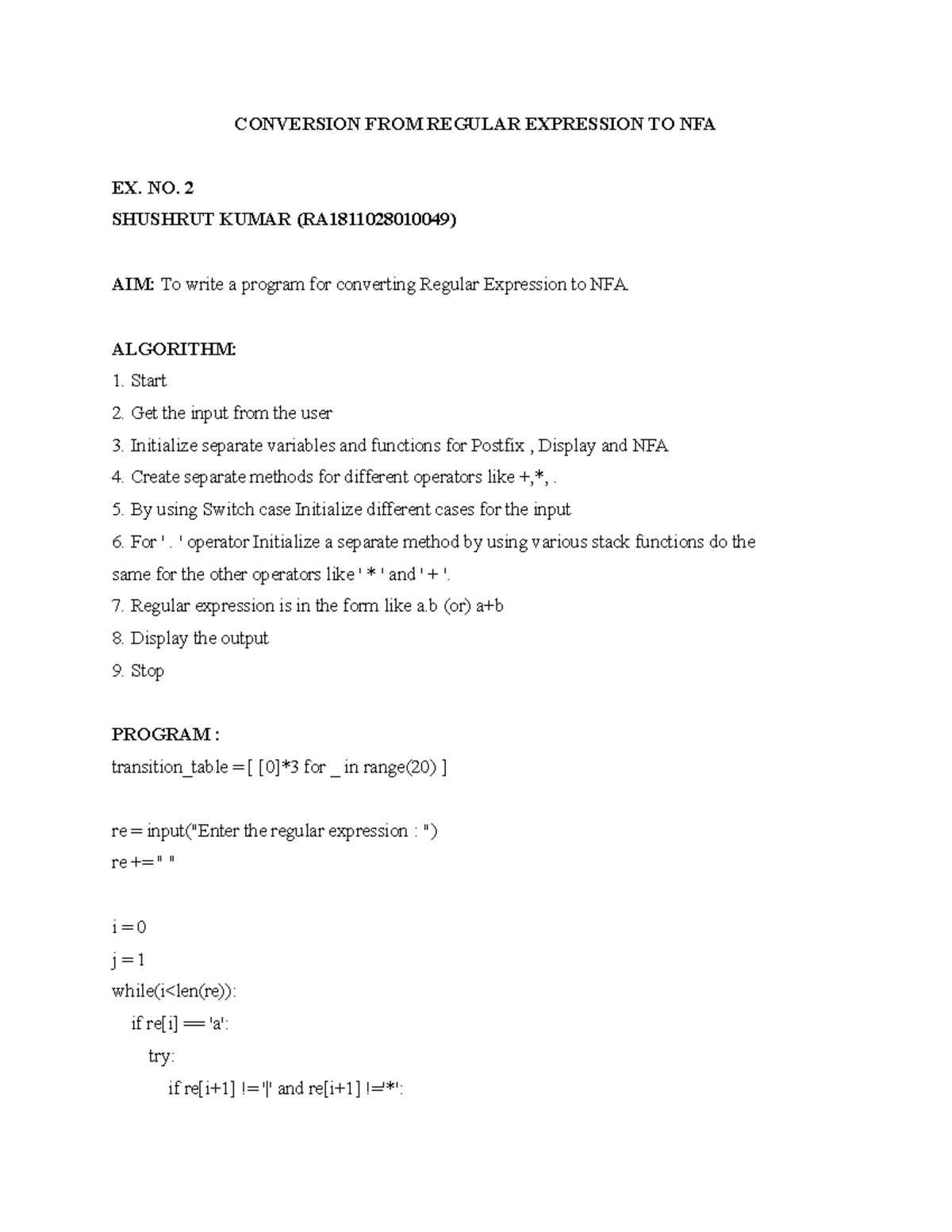 Ra1811028010049 Regular Eexpression To Nfa Conversion From Regular Expression To Nfa Ex No 2