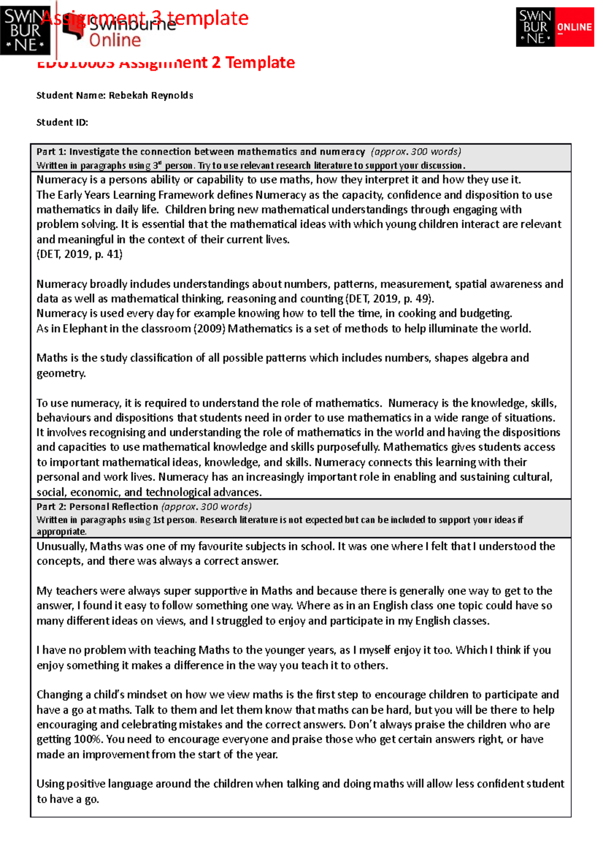 EDU10003 Assignment 2 Rebekah Reynolds - EDU10003 Assignment 2 Template Student Name: Rebekah ...