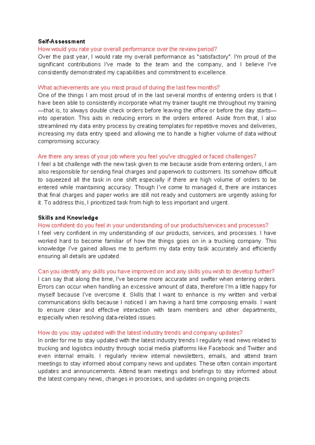 Agent Questionnaire - Self-Assessment How would you rate your overall ...