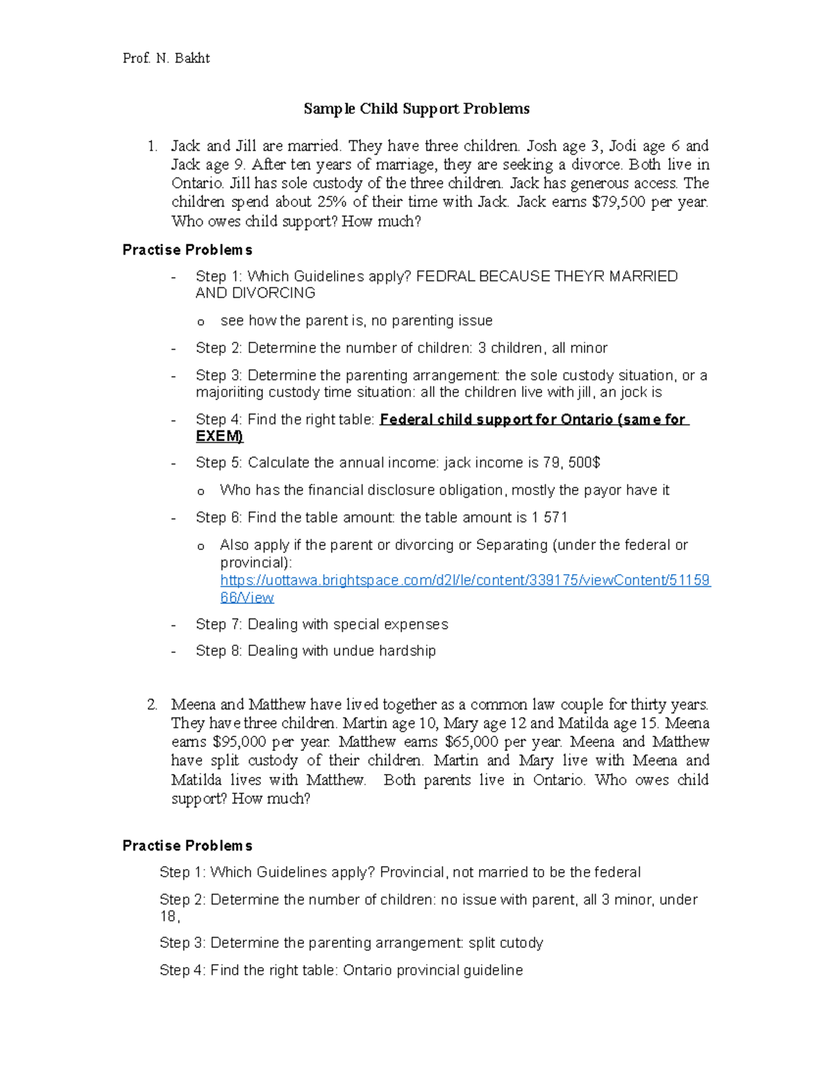 Child Support Practice Pro blems - Sample Child Support Problems 1 ...