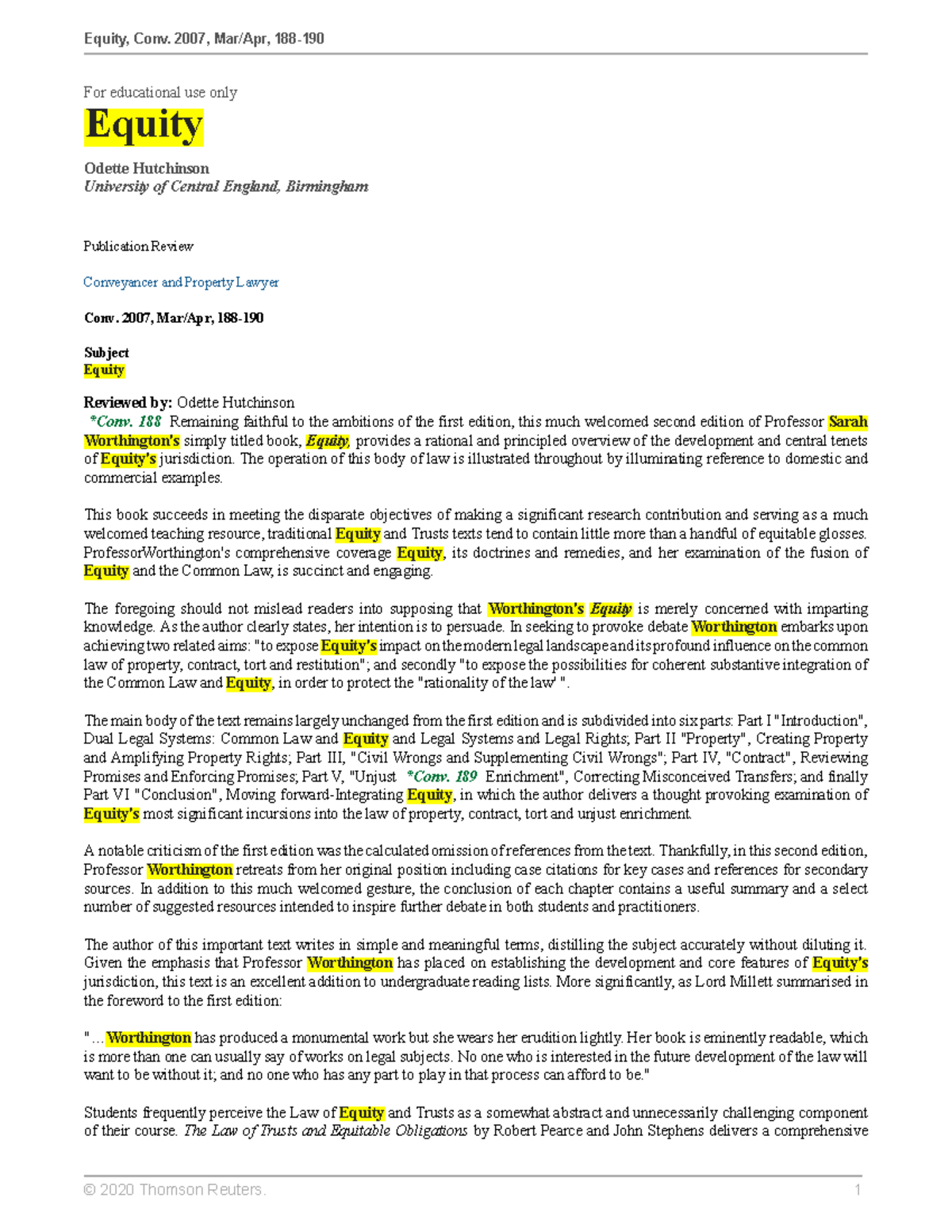 Equity - 2007, Mar/Apr, 188- © 2020 Thomson Reuters. 1 For educational ...