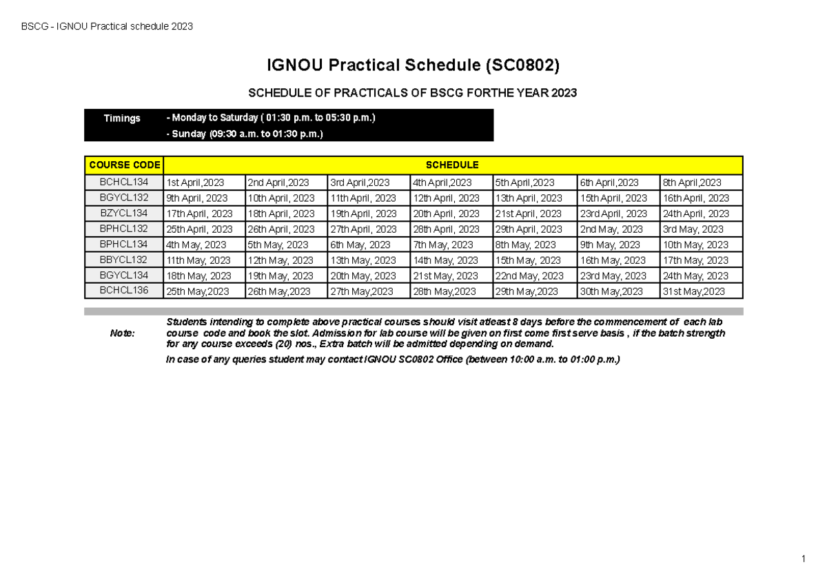 BSCG - Ignou Practical schedule 2023 - Sheet 1 - BSCG - IGNOU Practical ...