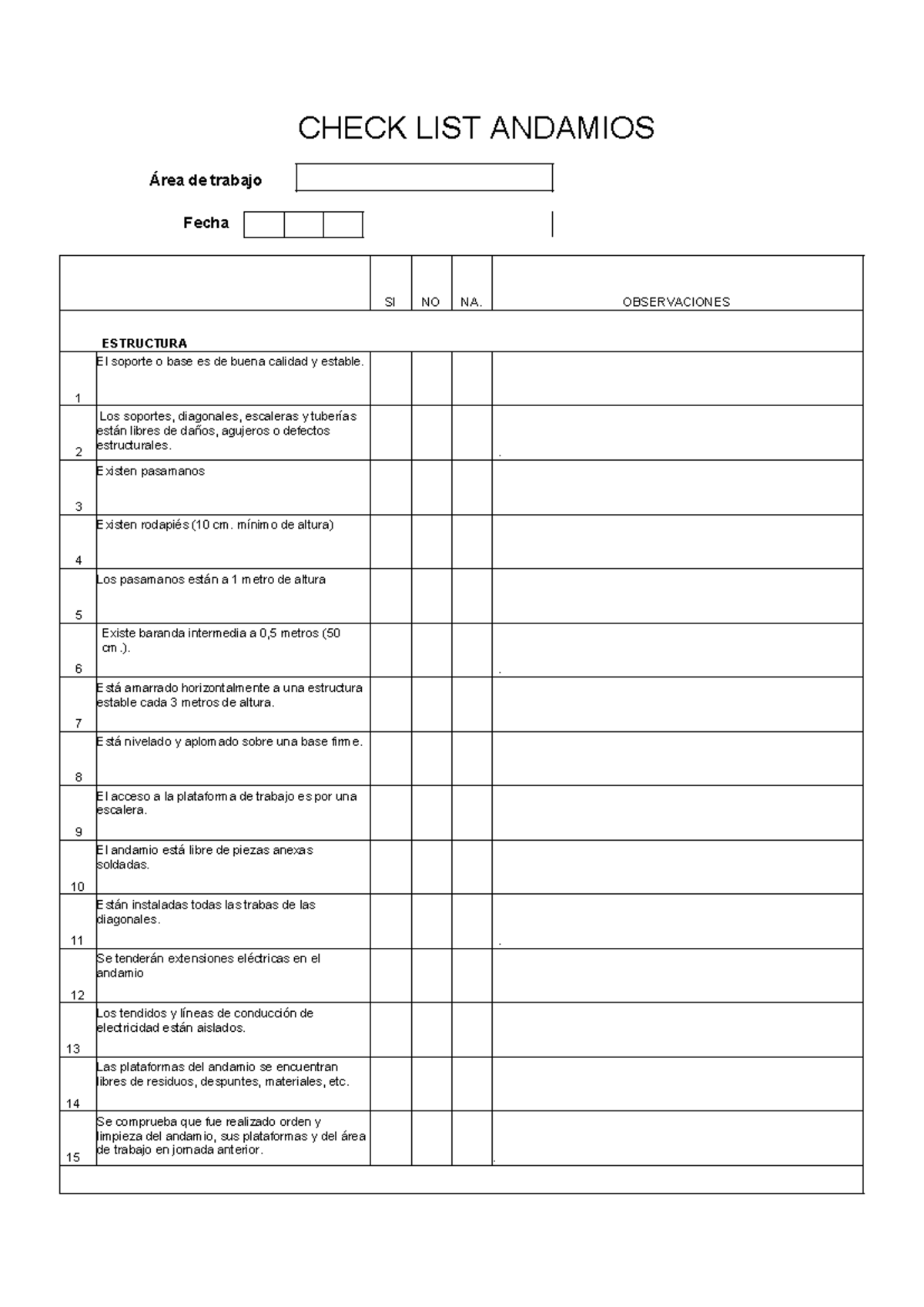 Check list Andamios 2020 - CHECK LIST ANDAMIOS Área de trabajo Fecha SI ...