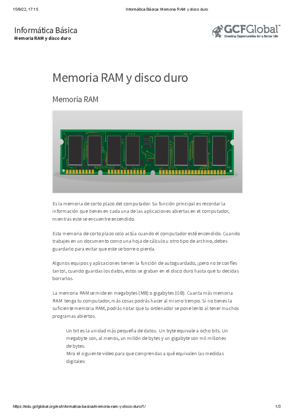 Informática Básica Memoria RAM y disco duro - - Studocu