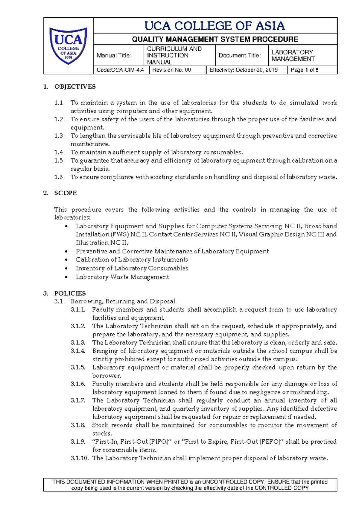 CIM 4-4 Laboratory Mgt - QUALITY MANAGEMENT SYSTEM PROCEDURE Manual ...