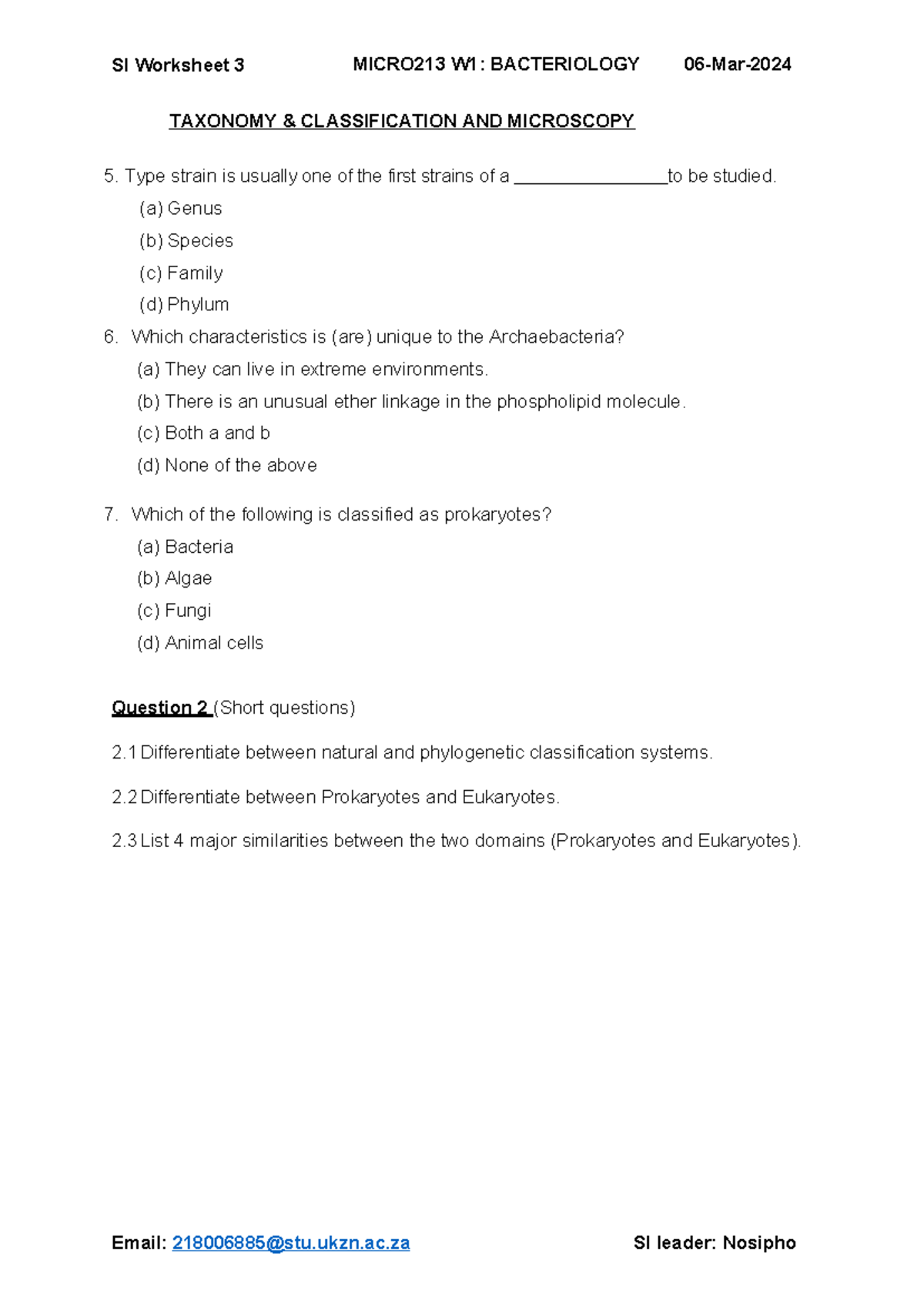 Micro 213 Worksheet 3 2024 - MICRO213 W1: BACTERIOLOGY SI Worksheet 3 ...