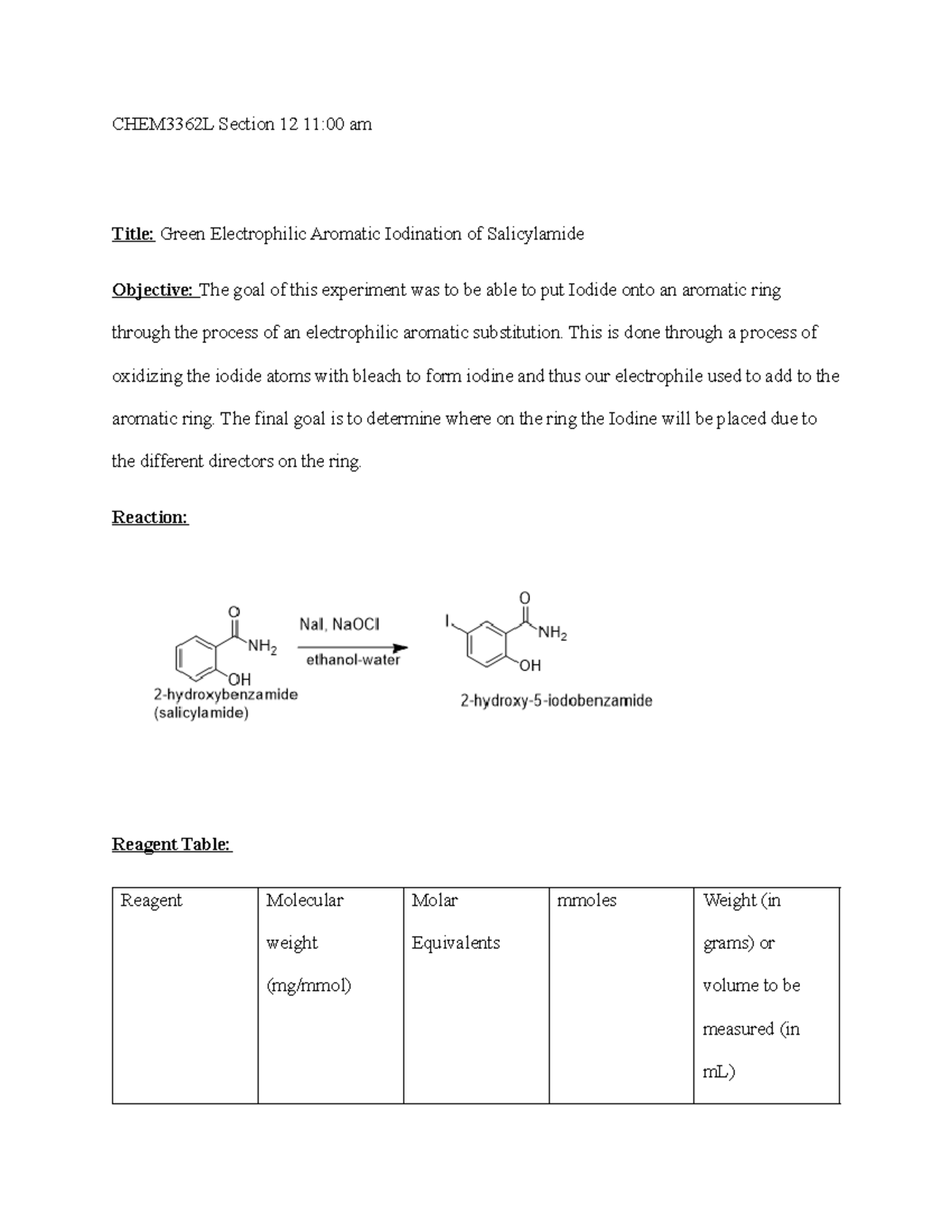 Electrophilic Lab Report Ochem 2 - CHEM3362L Section 12 11:00 am Title ...