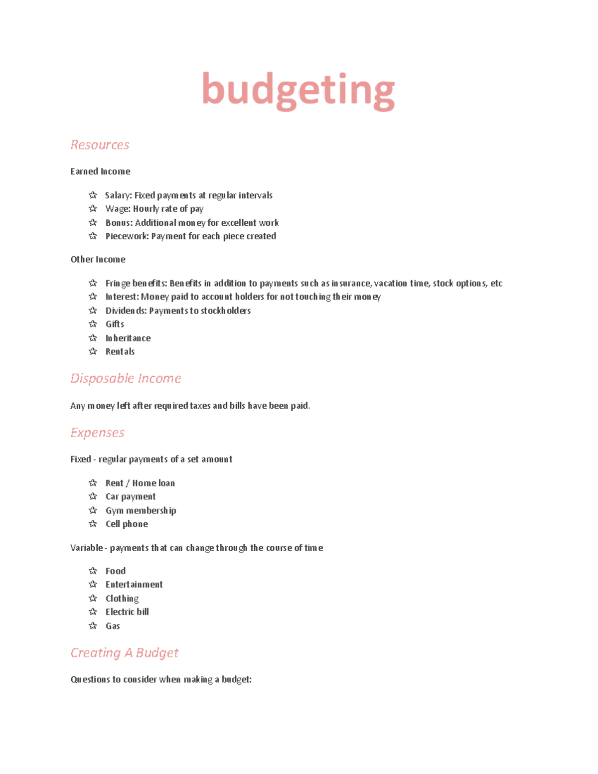 Budgeting notes practice - Resources Earned Income Salary: Fixed ...