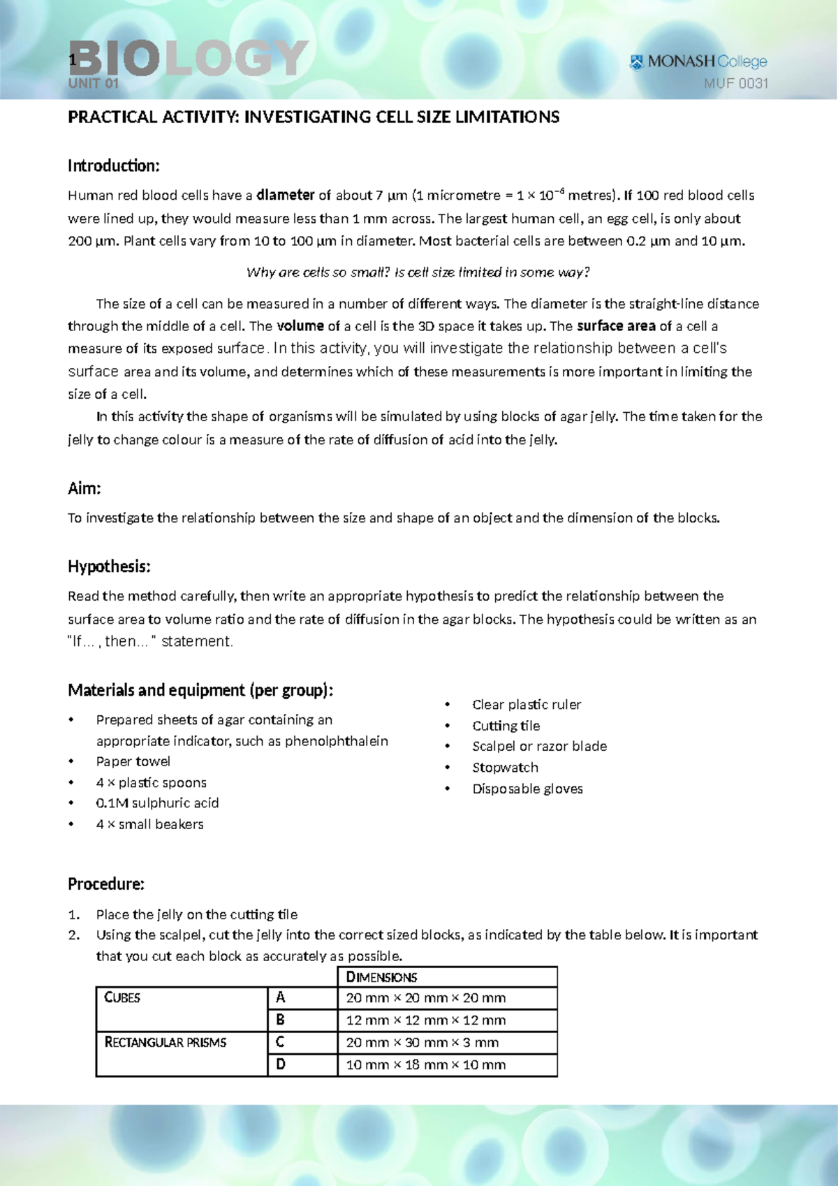 Formative Practice- Cell Size Limitations - Page 1 of 3 BIOLOGY UNIT 01 ...