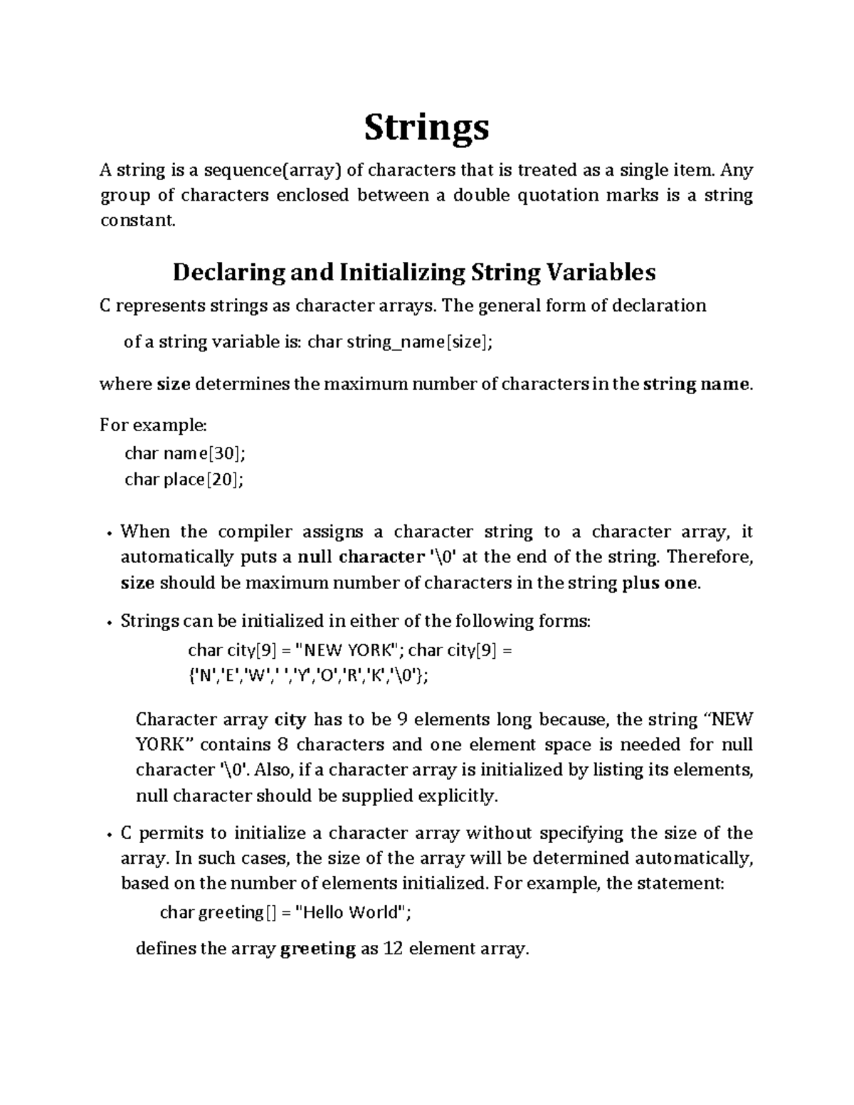 Declaring And Initializing String Variable Strings A String Is A