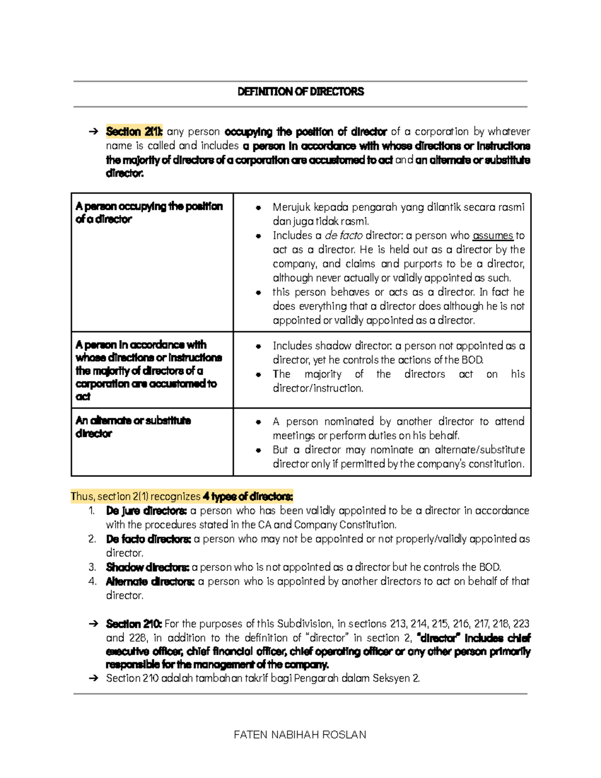 Directors - DEFINITION OF DIRECTORS Section 2(1): any person occupying ...