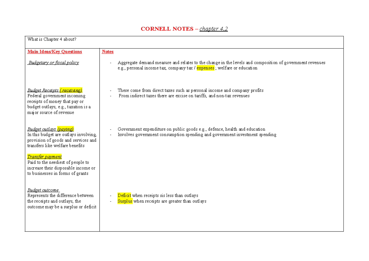 Chapter 4 - CORNELL NOTES – chapter 4. What is Chapter 4 about? Main ...