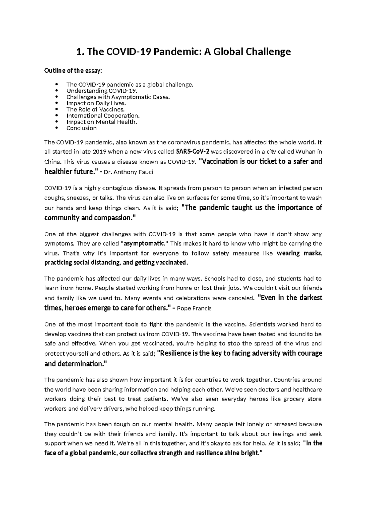 Selective Essays - 1. The COVID-19 Pandemic: A Global Challenge Outline ...