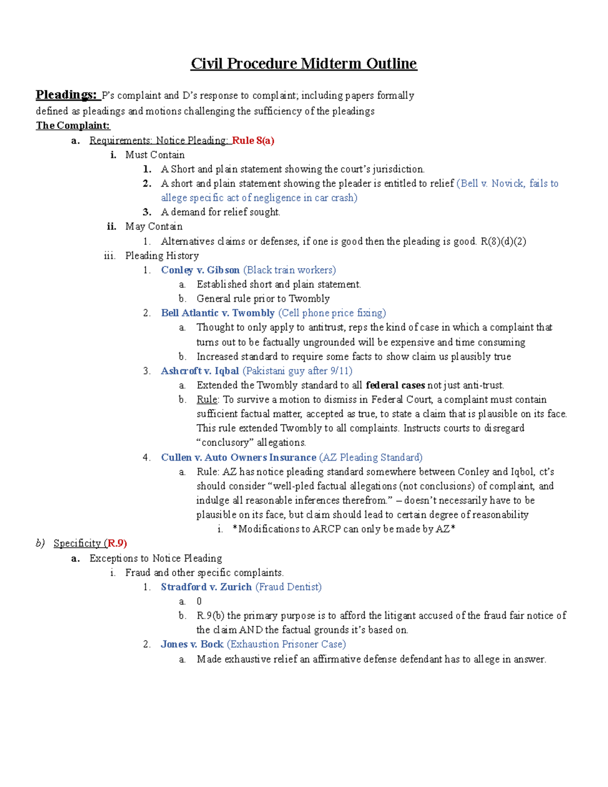Civil Procedure Outline - Civil Procedure Midterm Outline Pleadings ...