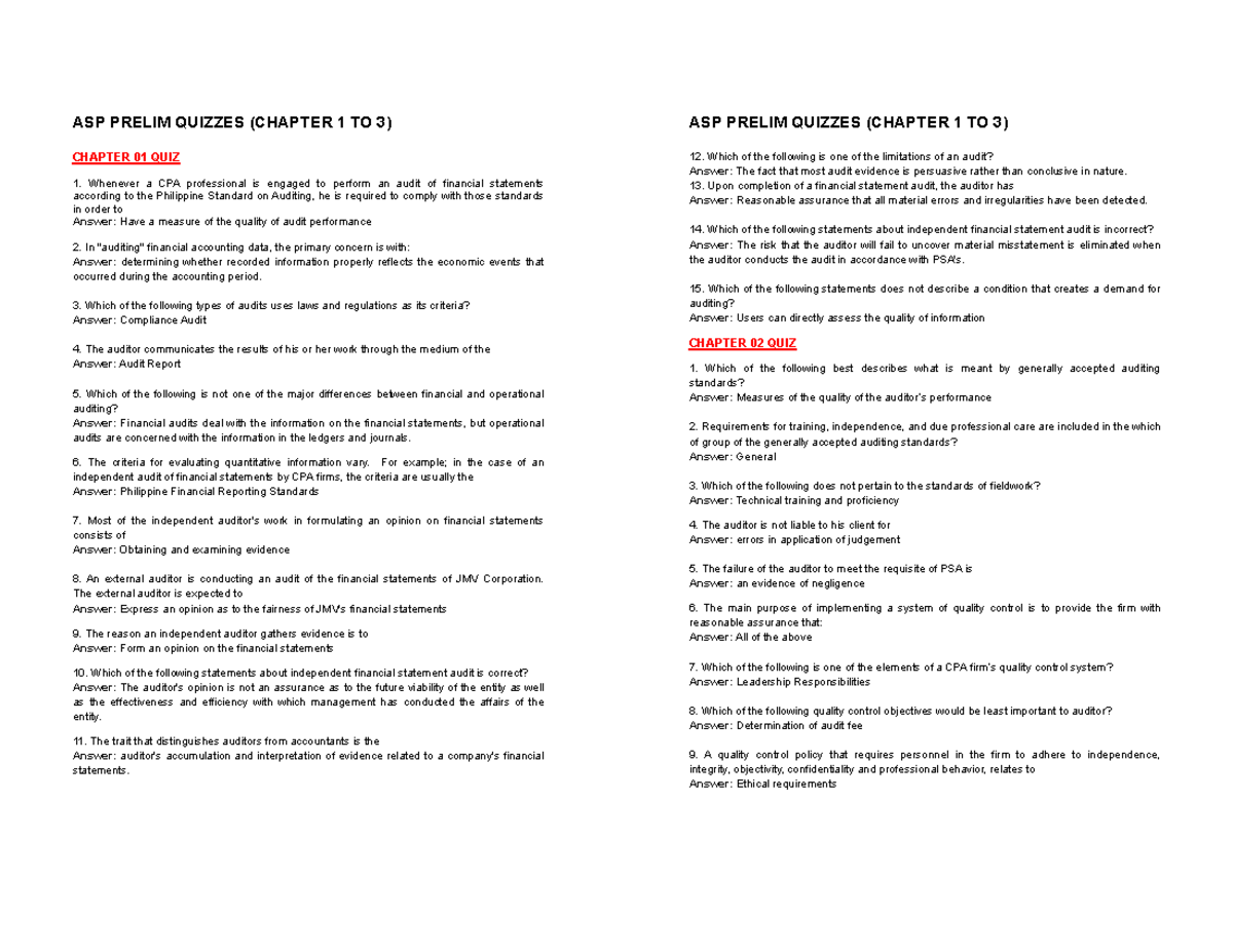 Prelim- Quizzes-1 - Auditing Concepts - ASP PRELIM QUIZZES (CHAPTER 1 ...