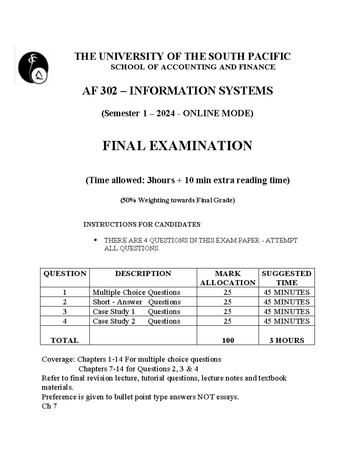 AF302 CH 7 Short Notes - THE UNIVERSITY OF THE SOUTH PACIFIC SCHOOL OF ...