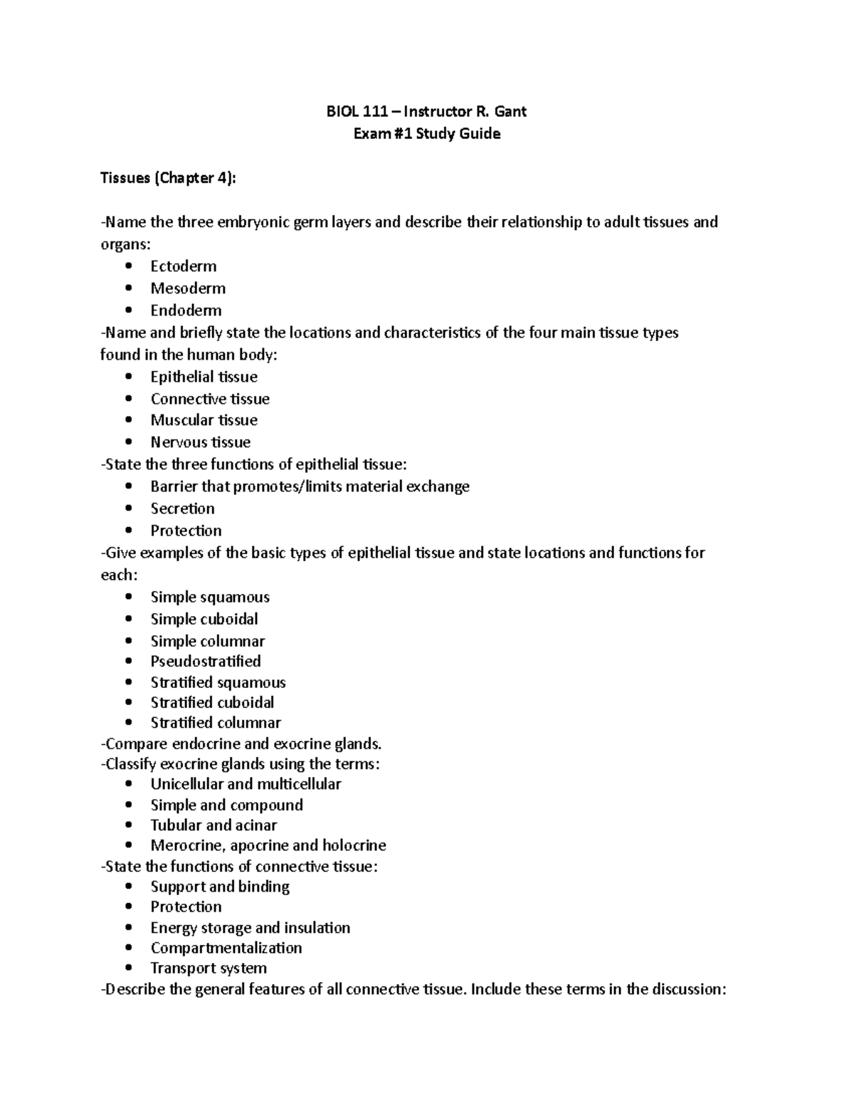 111 Exam1 Study Guide - Tissues - BIOL 111 – Instructor R. Gant Exam #1 ...