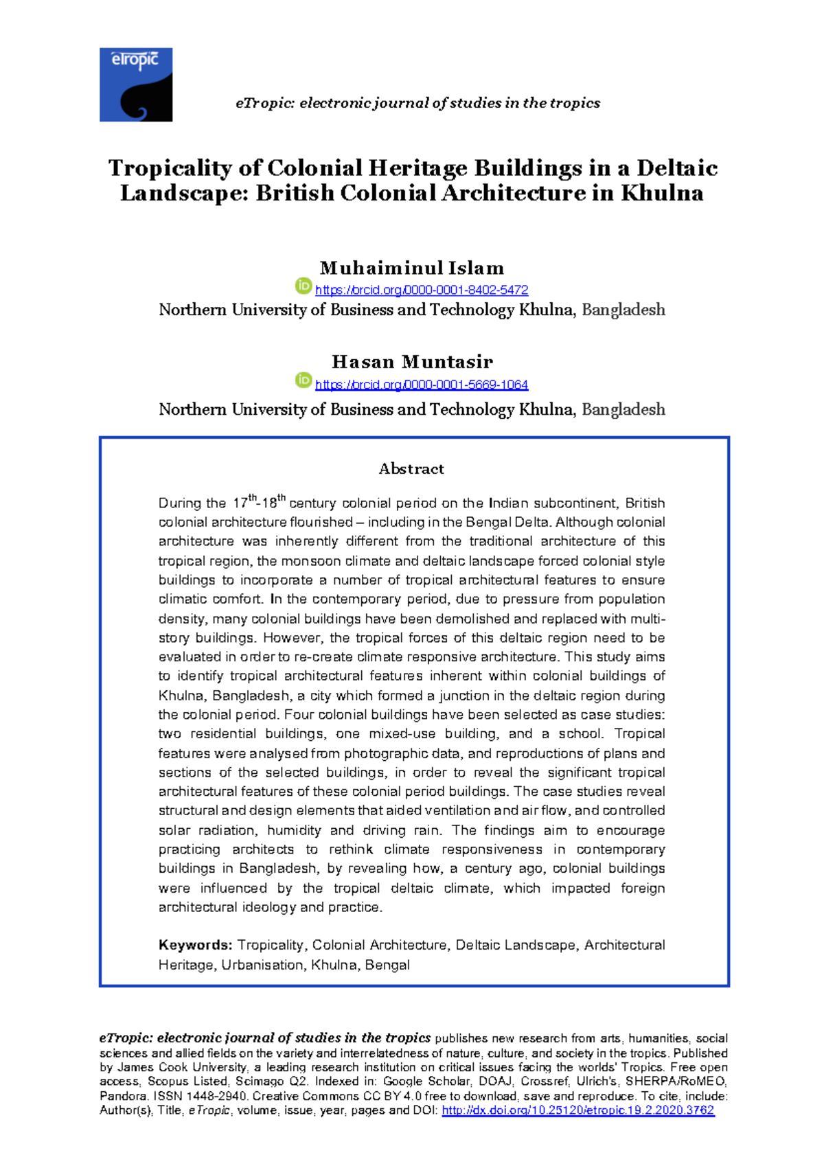 Tropicality of Colonial Heritage Buildings in a Deltaic - eTropic ...