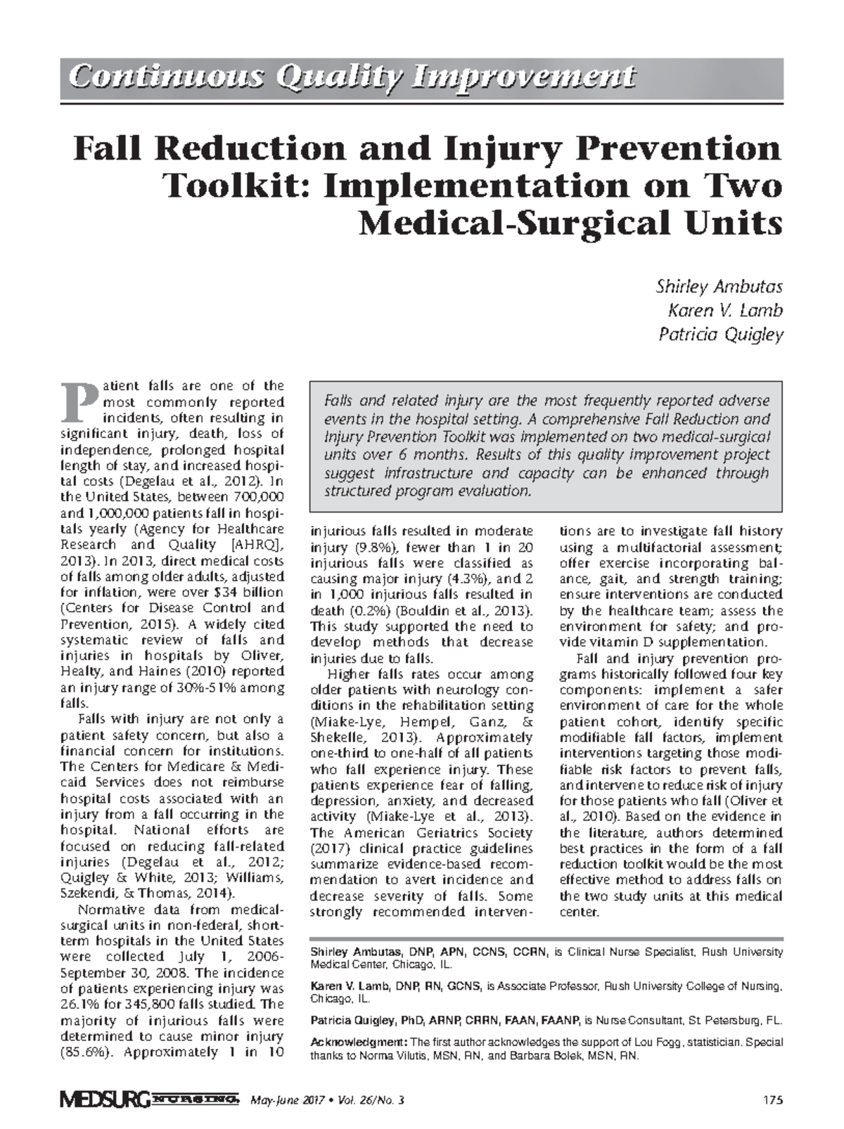 Continuous Quality Improvement Fall Reduction and Injury Prevention ...