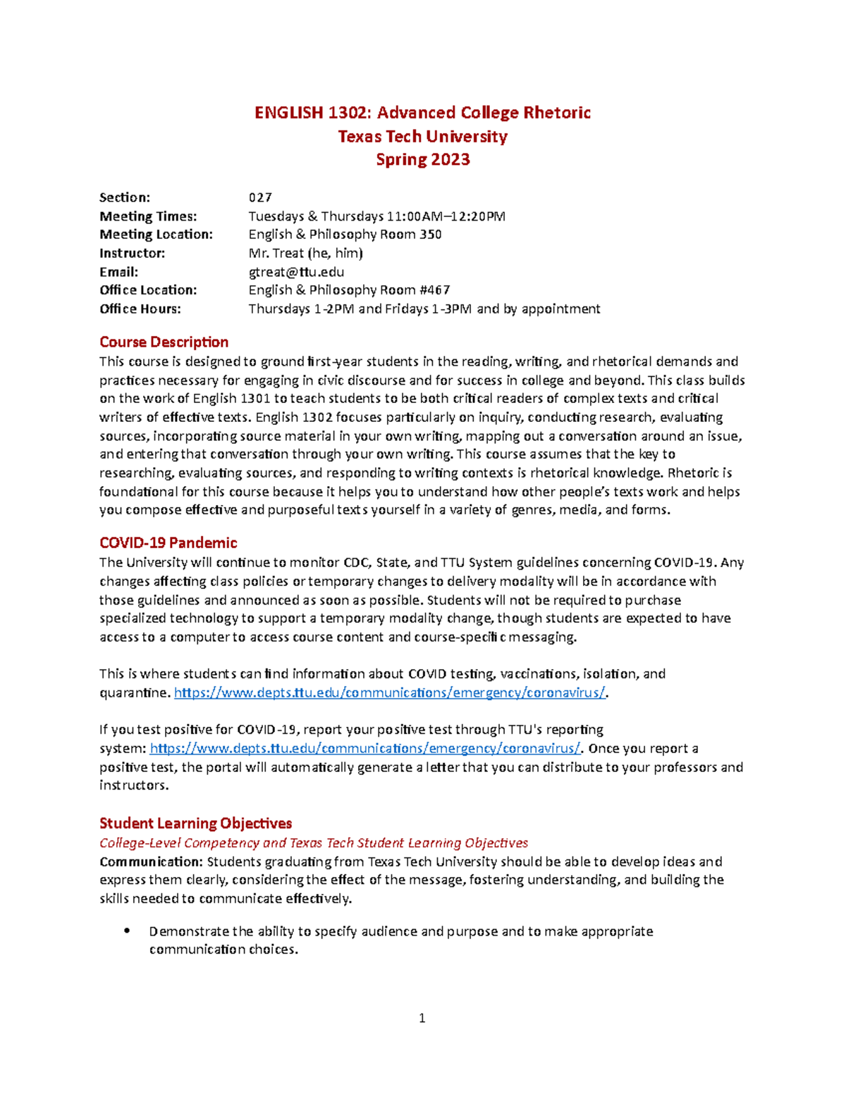 Treat 027 ENGL 1302 Syllabus F2F - ENGLISH 1302: Advanced College ...