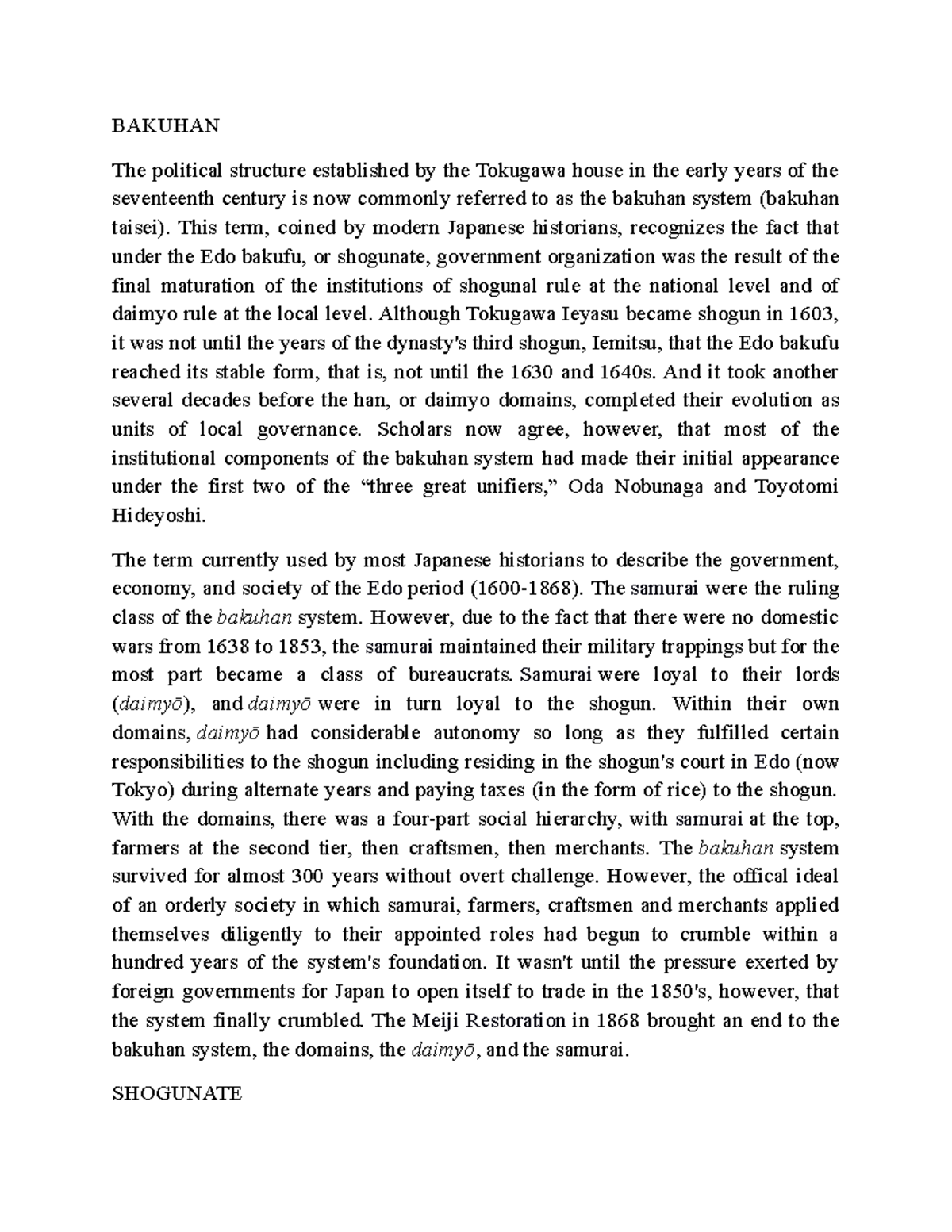 Bakuhan - BAKUHAN The political structure established by the Tokugawa ...