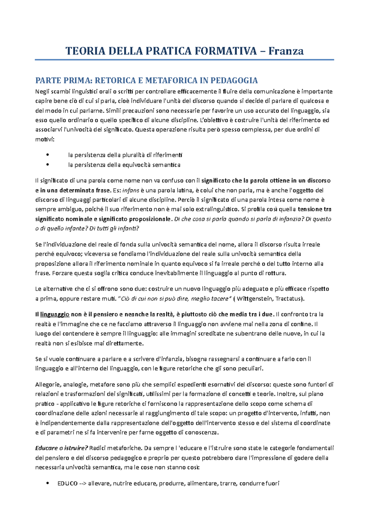 Riassunto - Teoria della pratica formativa, Franza - TEORIA DELLA ...