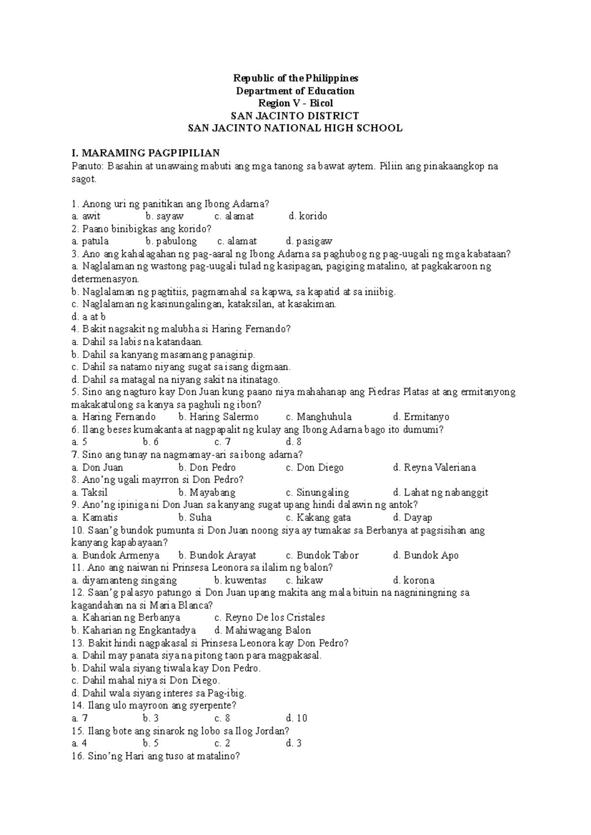 Grade 7 EXAM - Republic of the Philippines Department of Education ...