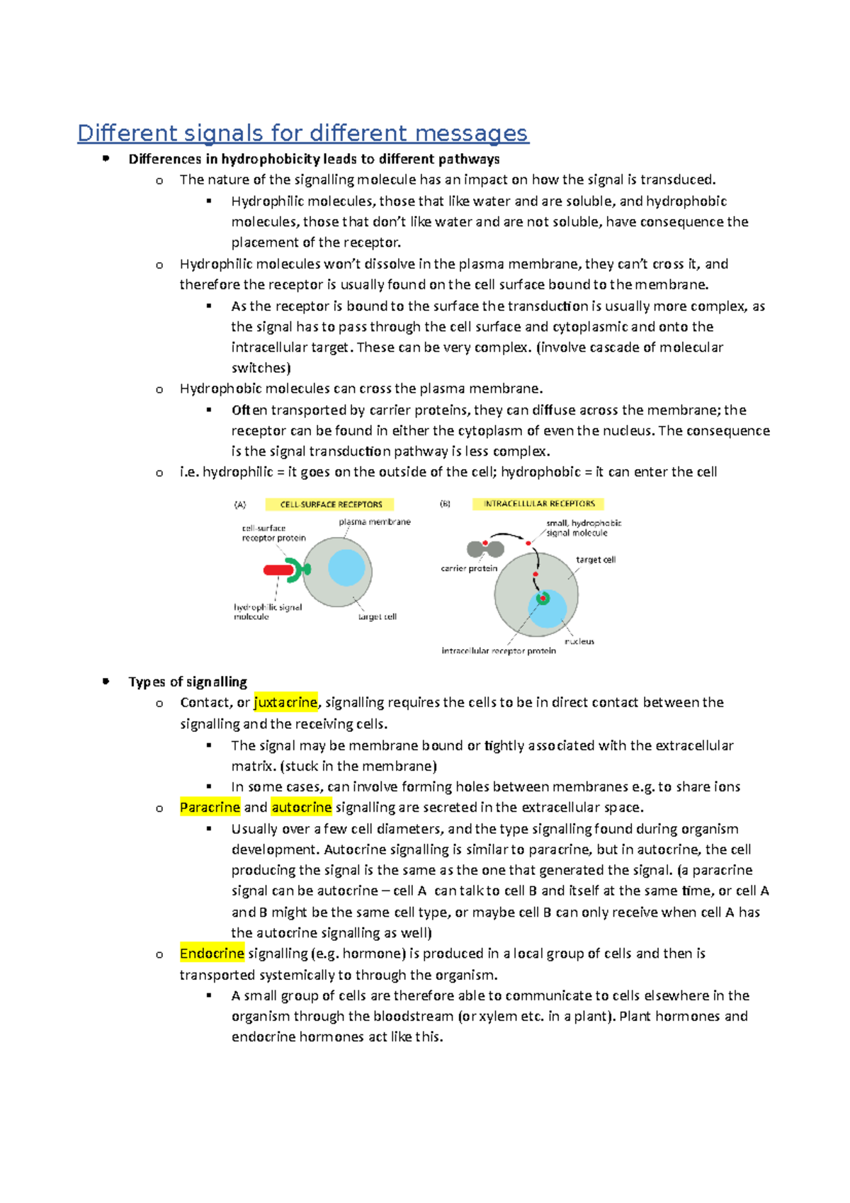 Cell signalling 3 - Lecture notes 4 - Different signals for different ...