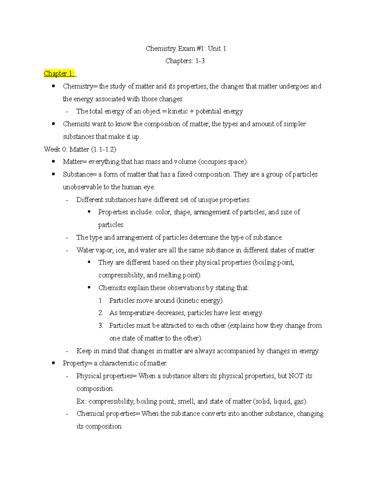 Chem 200- Test Review #1 - Chemistry Exam Unit 1 Chapters: Chapter 1 ...