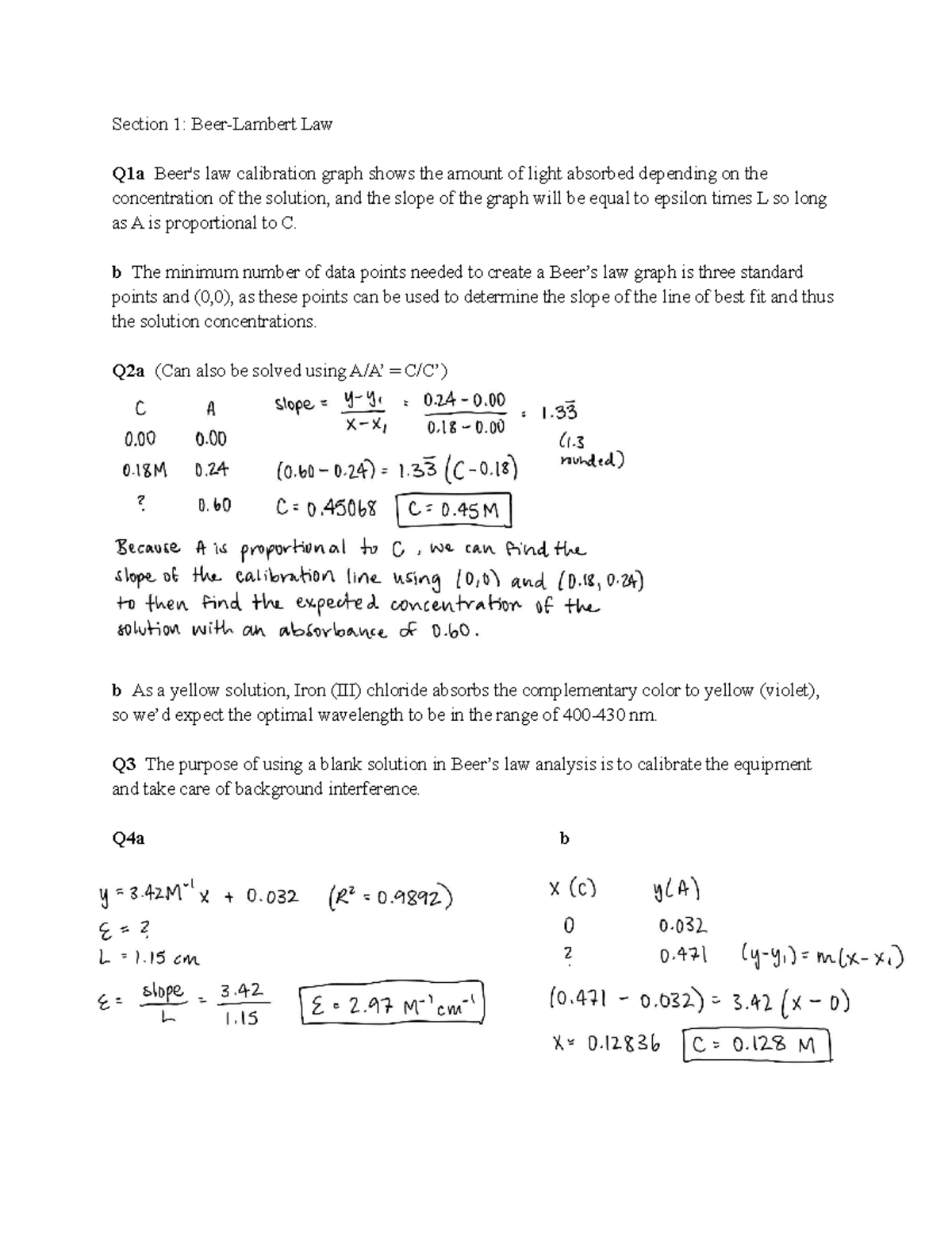 Chem 14BL Homework 2 Assignment - Section 1: Beer-Lambert Law Q1a Beer ...