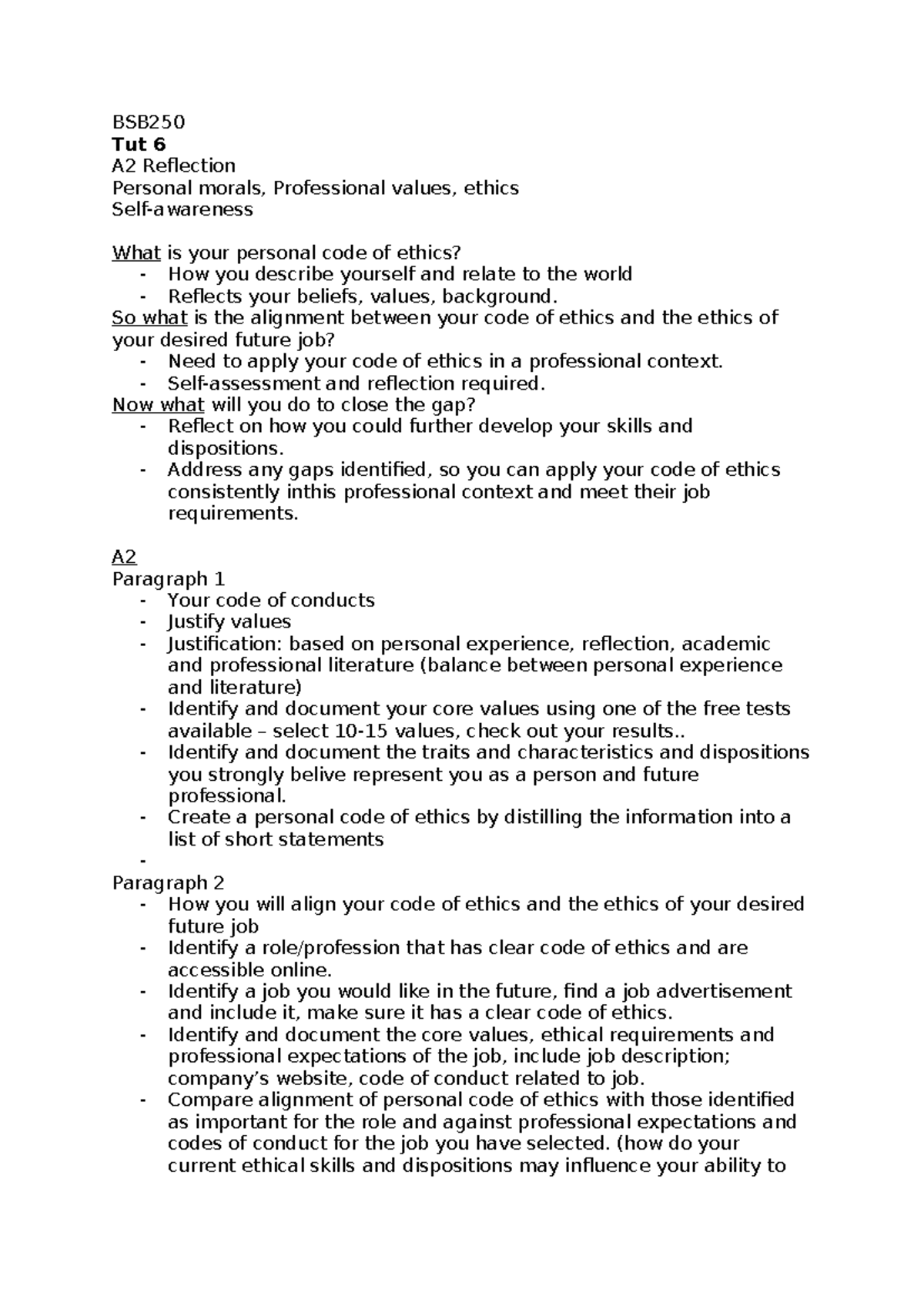 BSB250 tut 6-11 notes - BSB Tut 6 A2 Reflection Personal morals ...