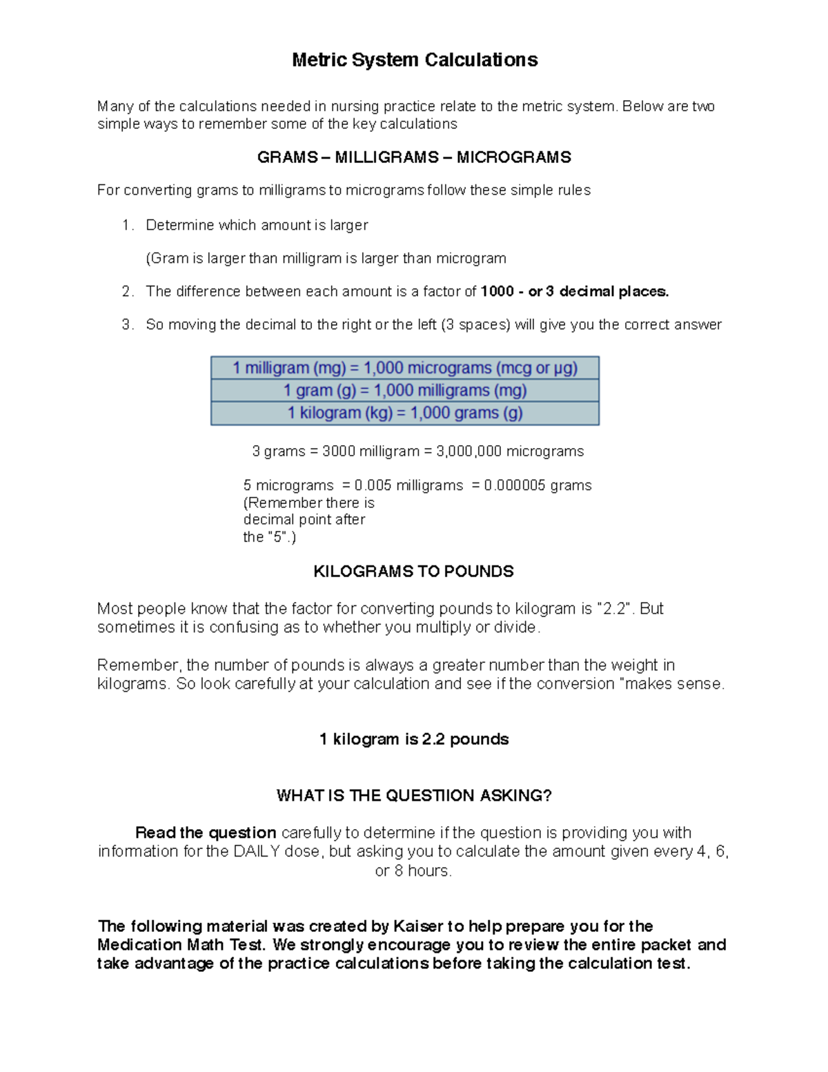Kaiser Med Calculations - Metric System Calculations Many of the ...