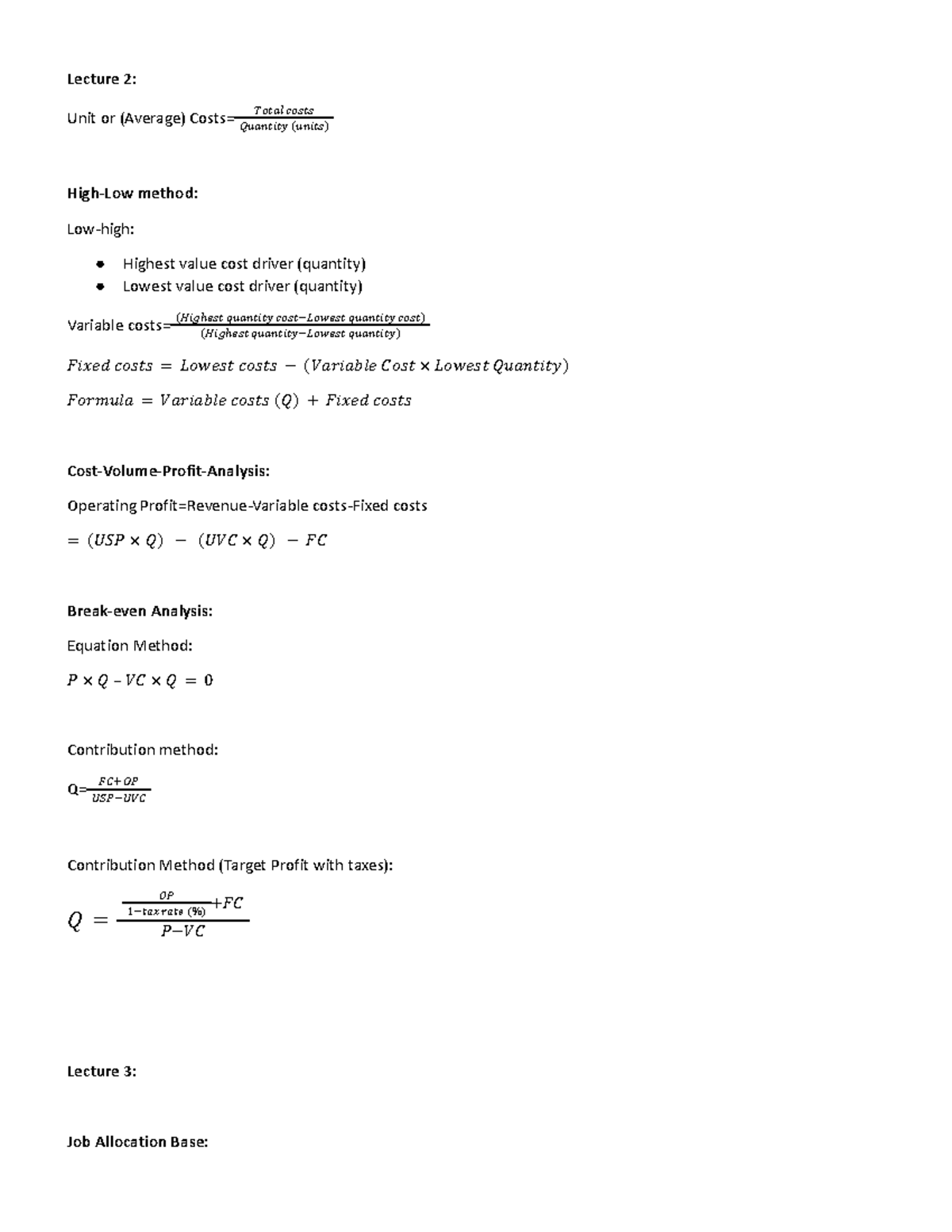 Formulas.pdf ma - Formula sheet for management accounting for Iba ...