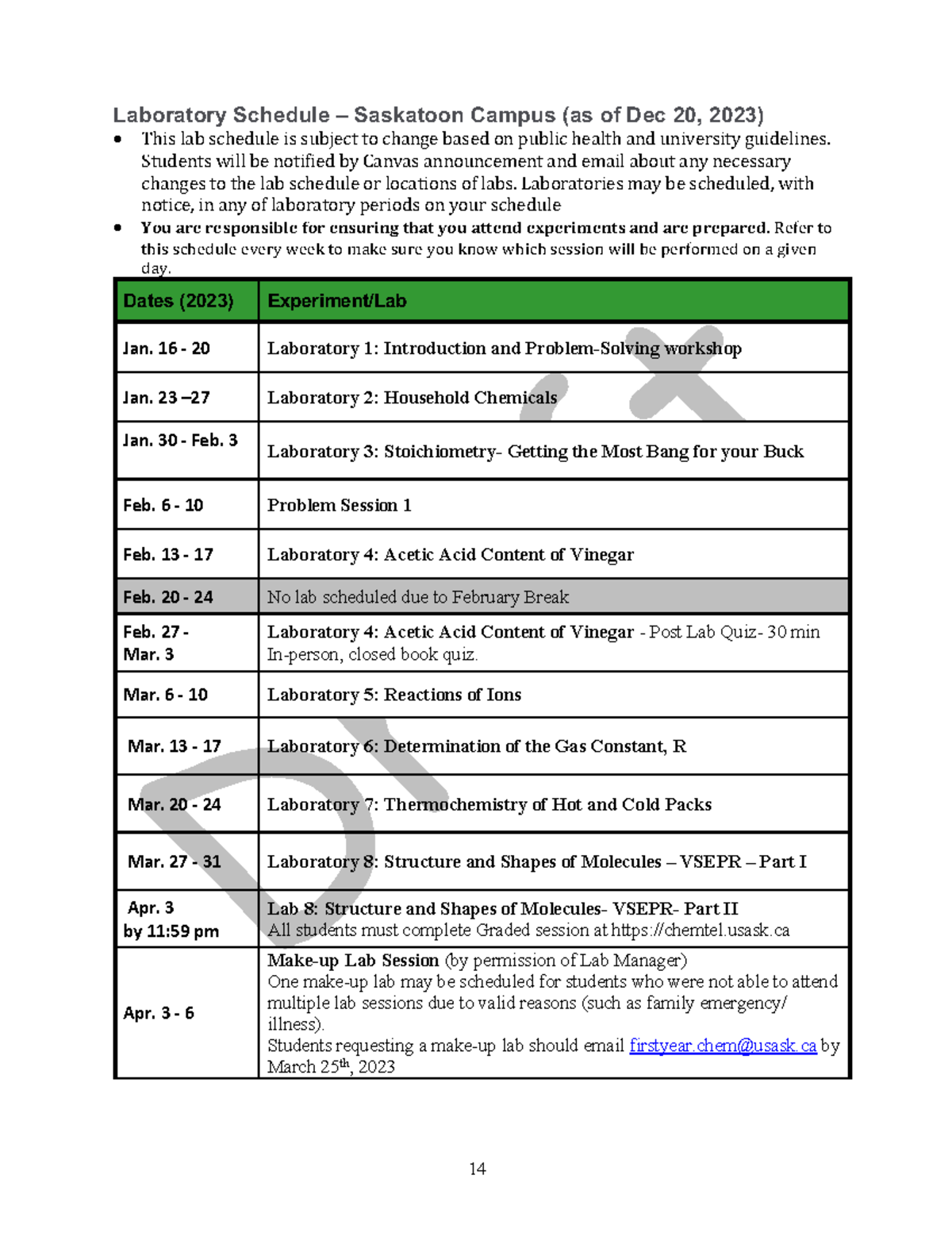 Chem112- Winter 2023- Lab Schedule- last updated Dec 21 - 14 Laboratory Schedule – Saskatoon ...