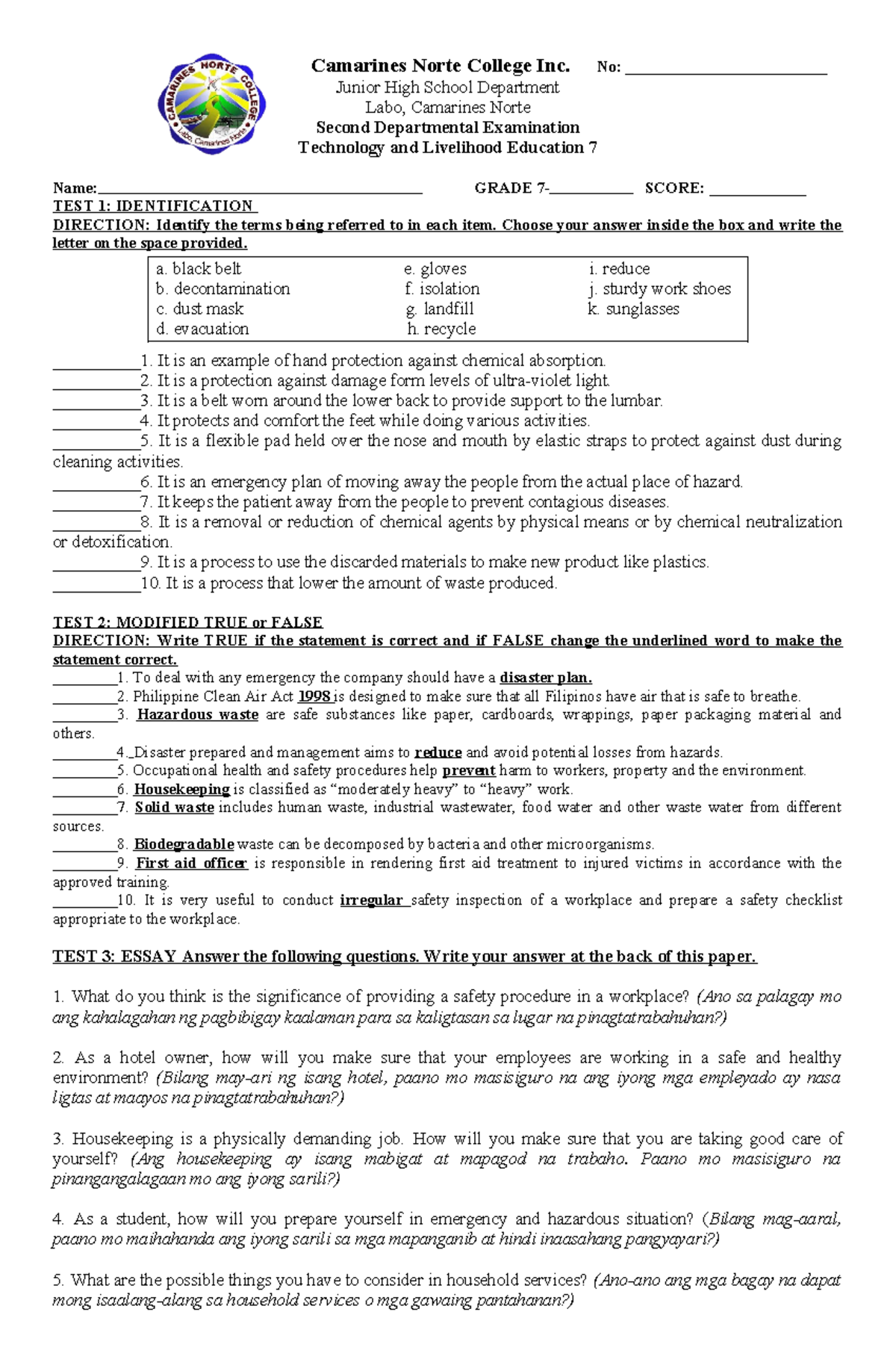Q2-TLE7 Depart - TEST QUESTIONS - Camarines Norte College Inc. No