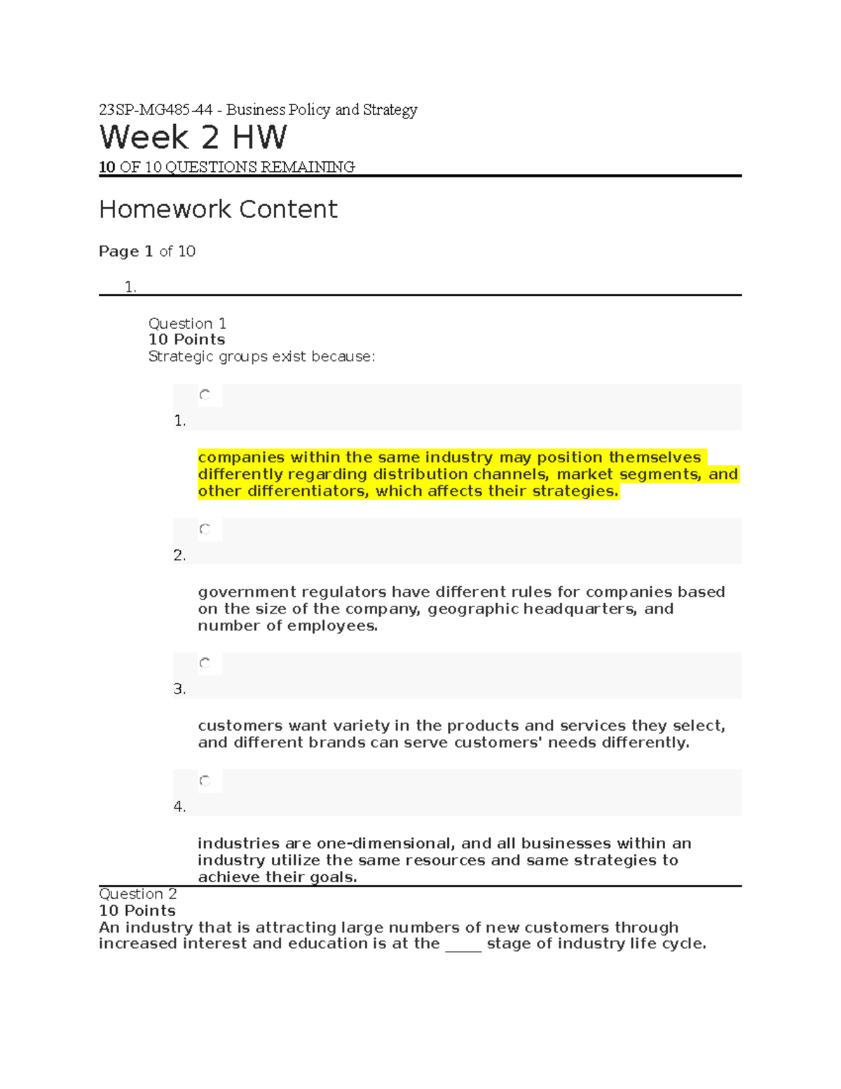 BPS Week 2 HW Assignment - 23SP-MG485-44 - Business Policy and Strategy Week 2 HW 10 OF 10 ...